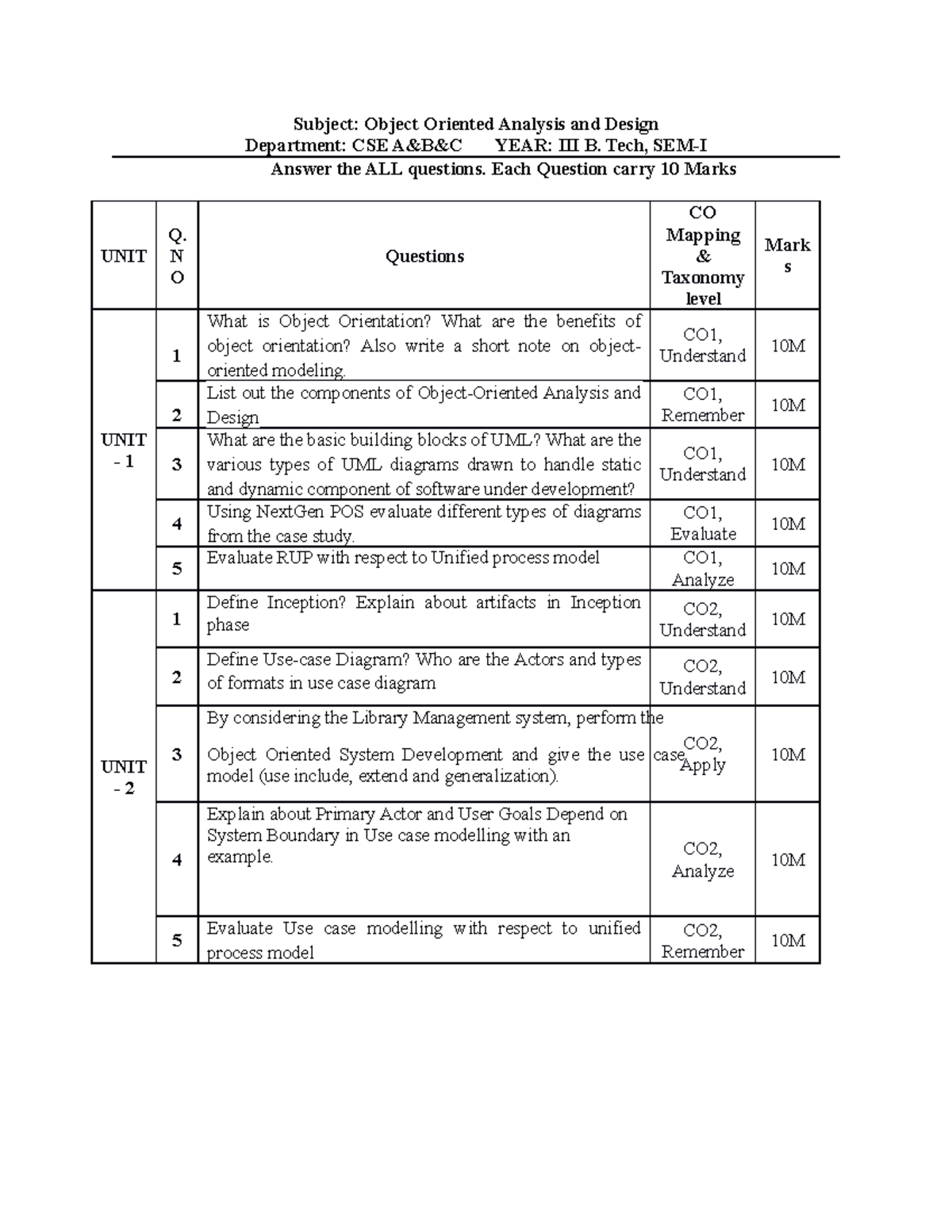 OOAD QB - Questions - Subject: Object Oriented Analysis and Design Department: CSE A&B&C - Studocu