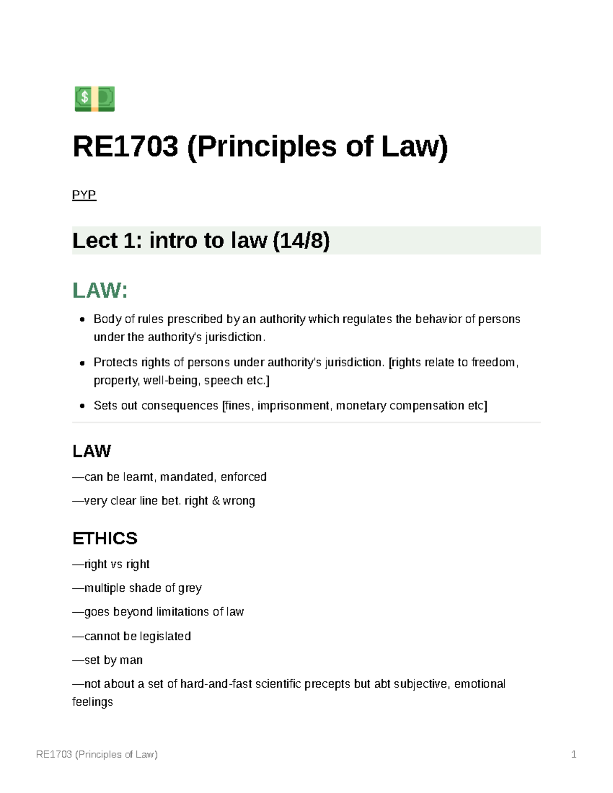 RE1703 (Principles of Law) - £ RE1703 (Principles of Law) PYP Lect 1 ...