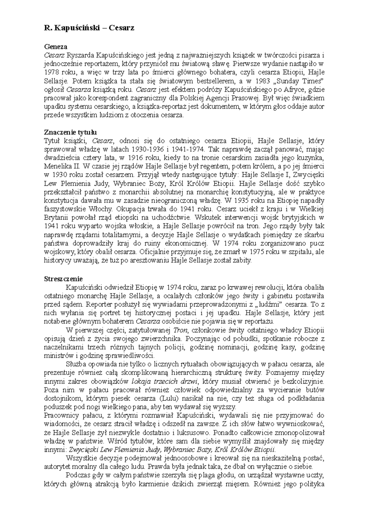 Kapuściński - Cesarz - R. Kapuściński – Cesarz Geneza Cesarz Ryszarda ...