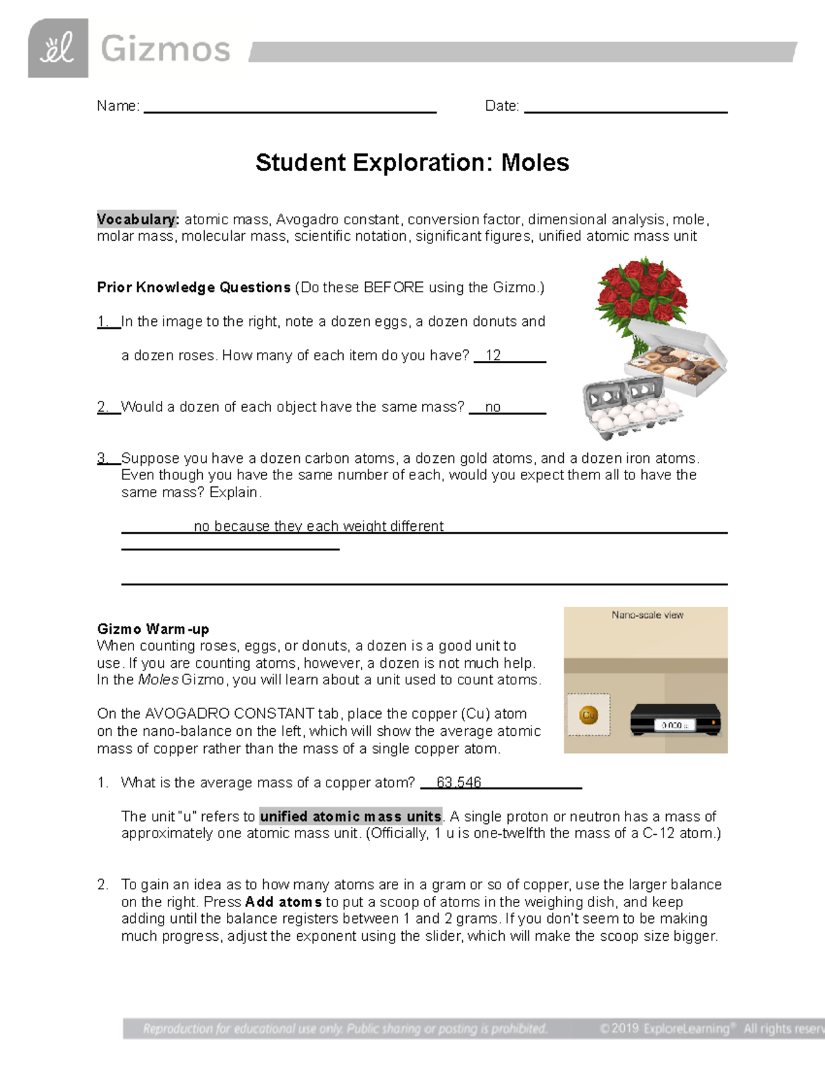 Copy of Moles SE - AP Chem - Name: Date: Student Exploration: Moles ...