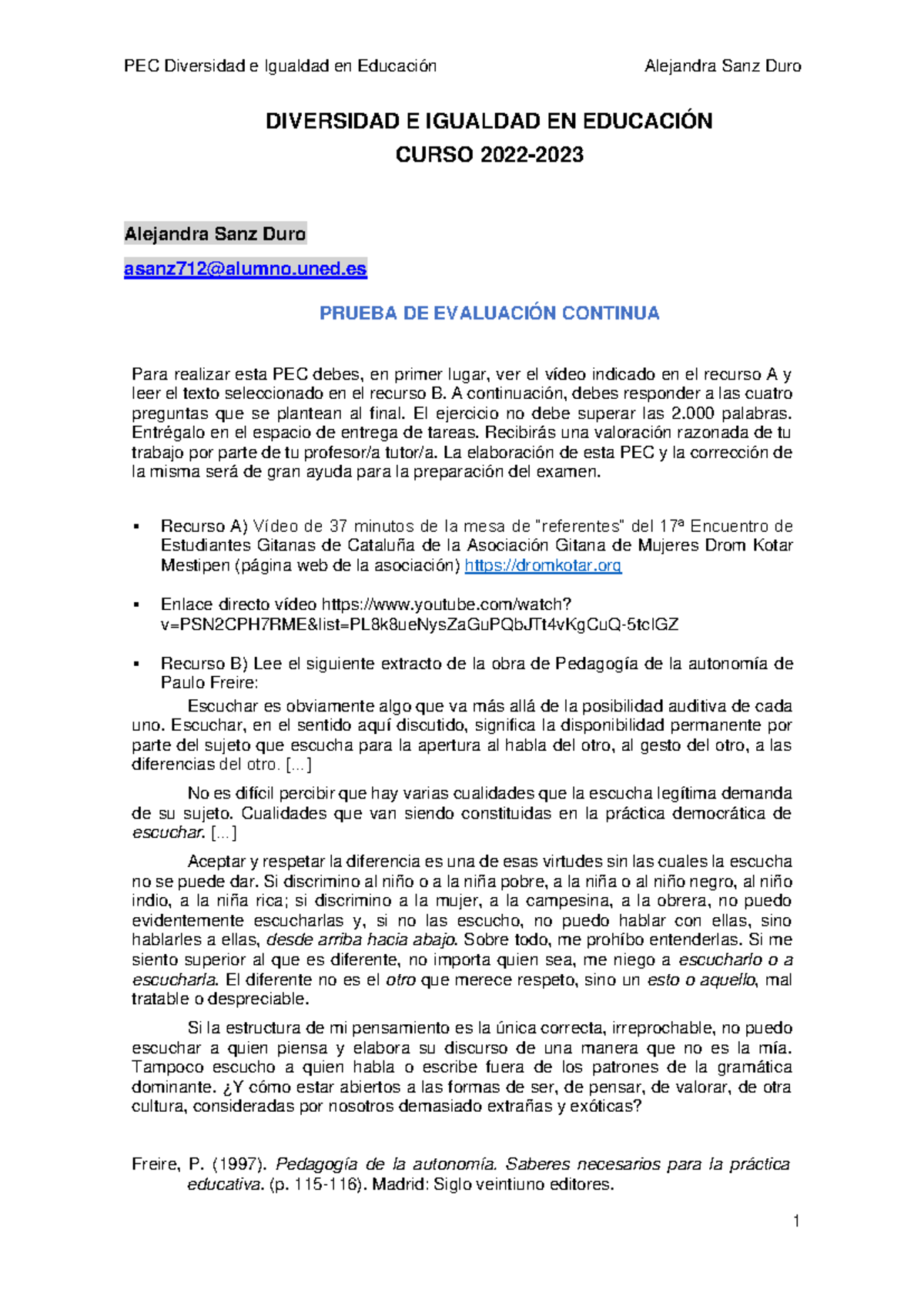 PEC Diversidad Igualdad Alejandra Sanz - DIVERSIDAD E IGUALDAD EN EDUCACIÓN CURSO 2022 ...