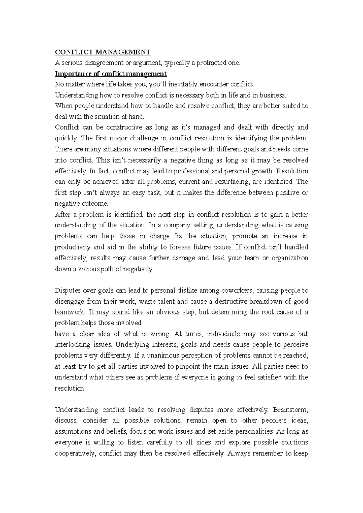 Conflict management - Ict lecture notes - CONFLICT MANAGEMENT A serious ...