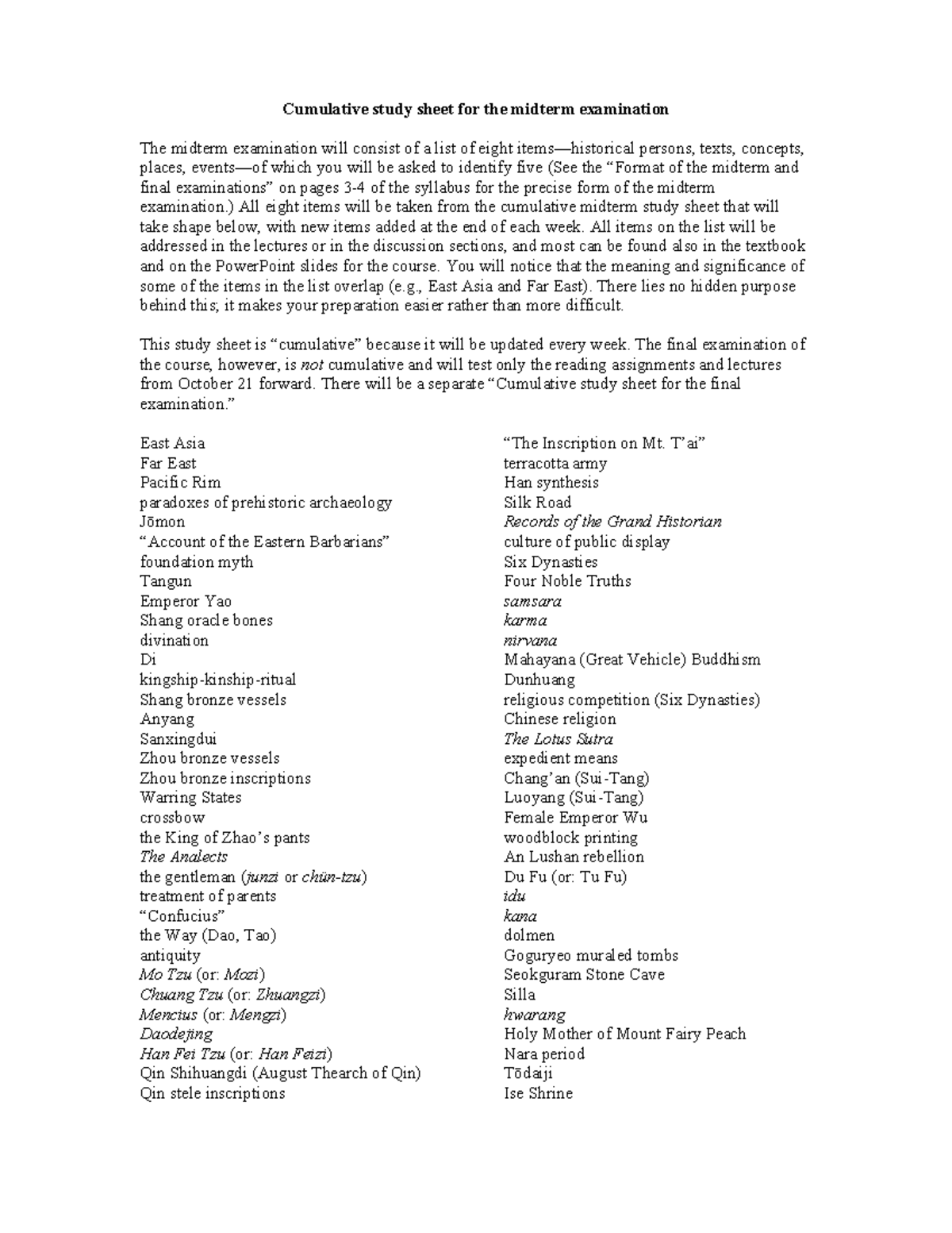 Midterm study sheet (complete) - Cumulative study sheet for the midterm ...