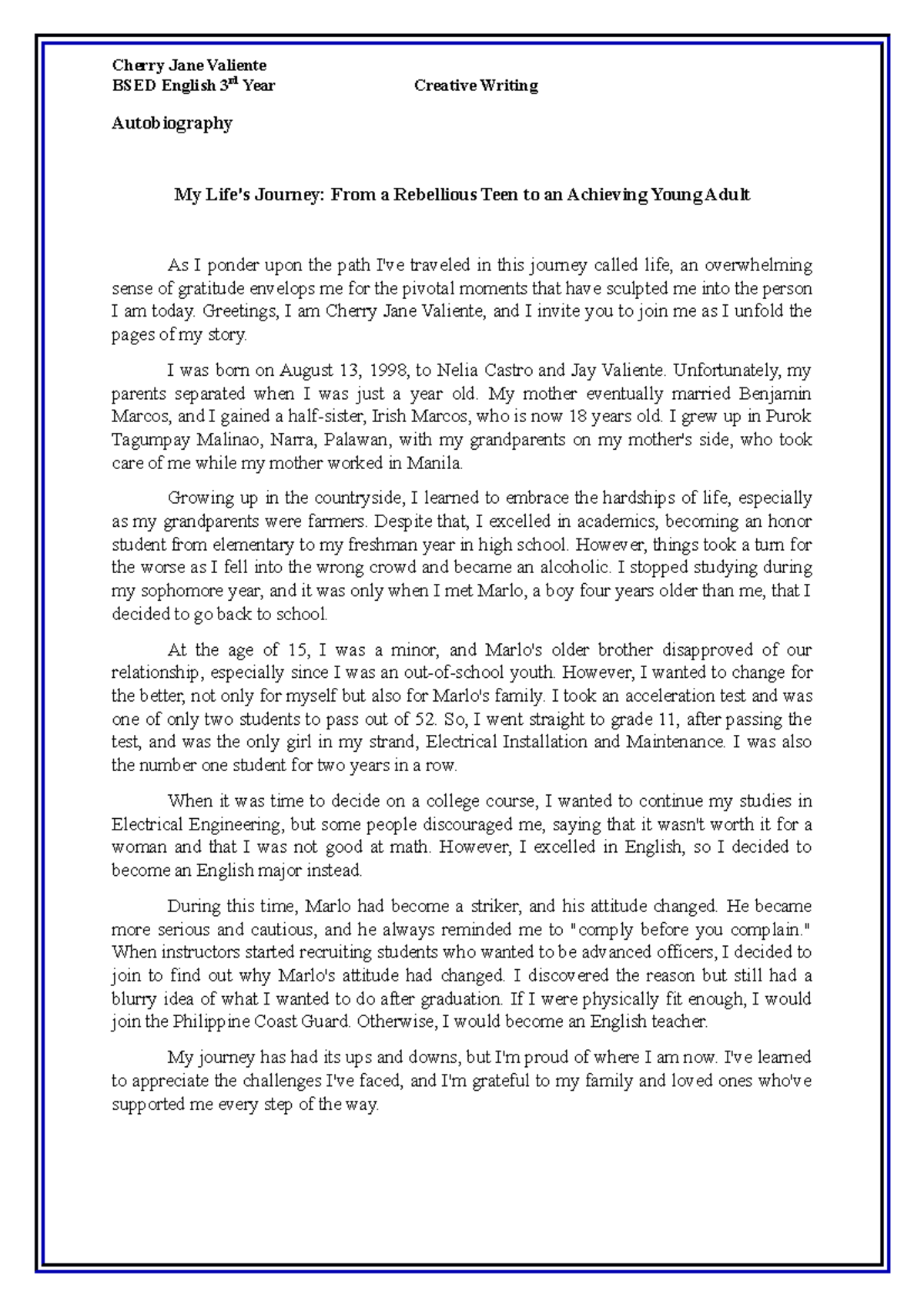 Autobiography - Cherry Jane Valiente BSED English 3rd Year Creative ...