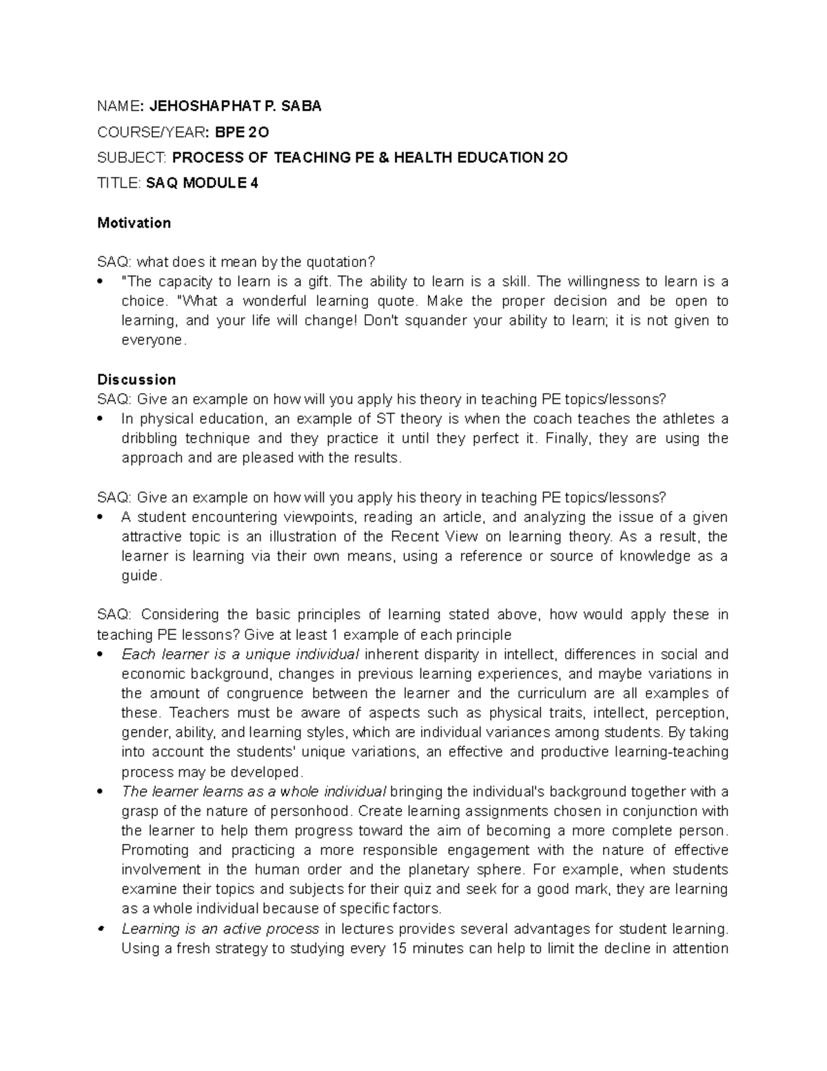 Module 4 - Essays about process of teaching - NAME: JEHOSHAPHAT P. SABA ...