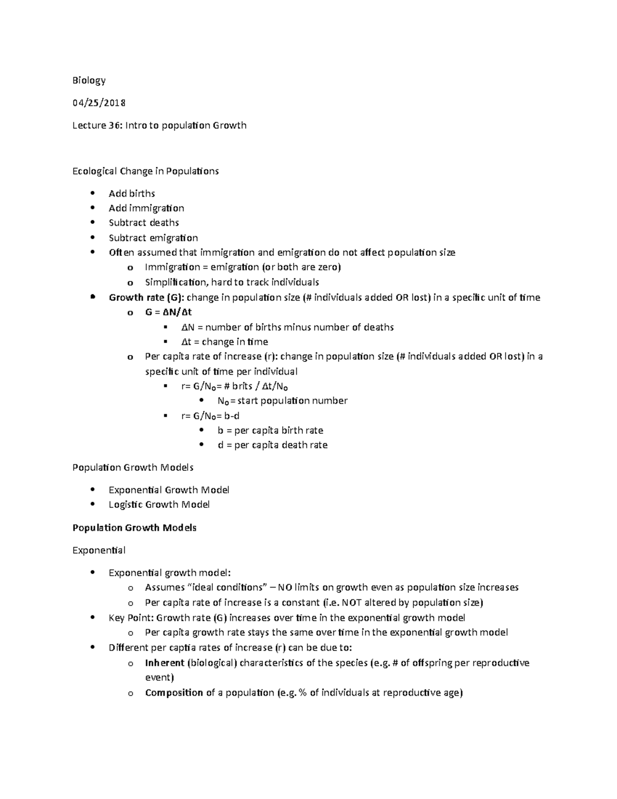 Lecture 36 Intro to population Growth - Biology 04/25/ Lecture 36 ...