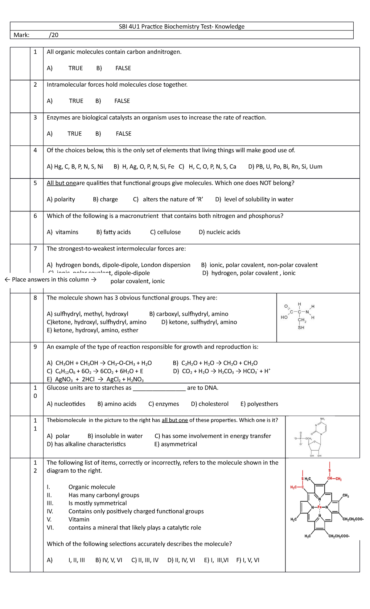 Test 2020, questions - SBI 4U1 Practice Biochemistry Test- Knowledge ...