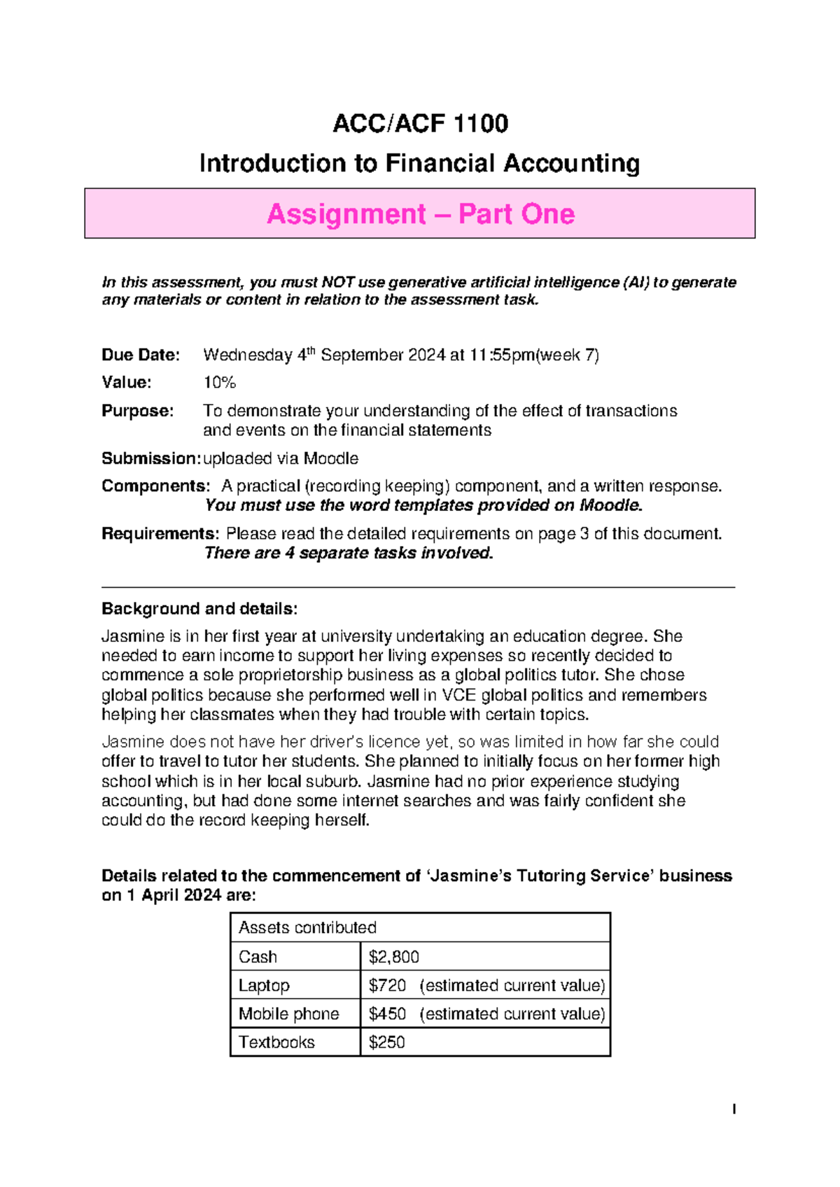 ACC ACF1100 Assignment Part One (S2 2024) - ACC/ACF 1100 Introduction ...
