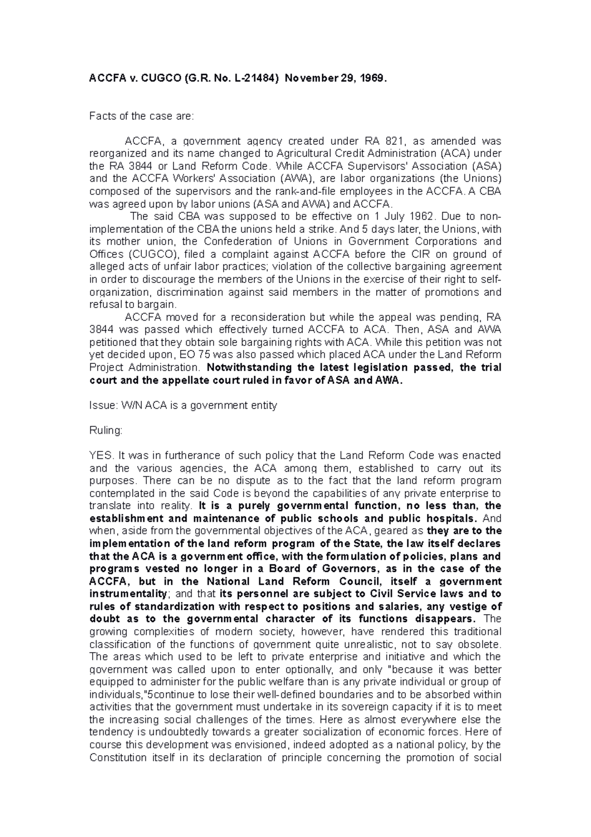 Accfa v. Cugco - study - ACCFA v. CUGCO (G. No. L-21484) November 29 ...