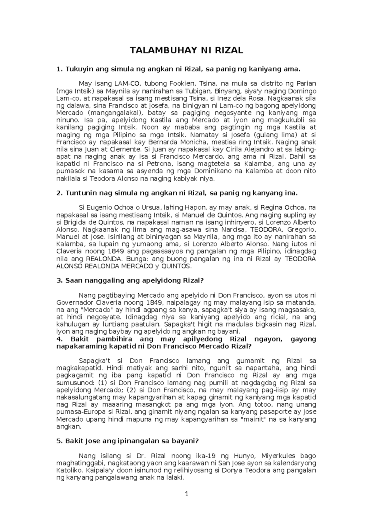 Talambuhay ni Rizal 1 - TALAMBUHAY NI RIZAL Tukuyin ang simula ng ...
