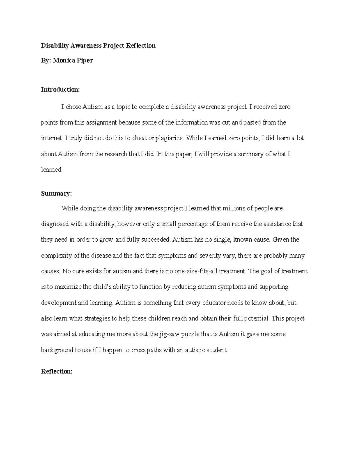 Disability Awareness Project Reflection - I received zero points from ...