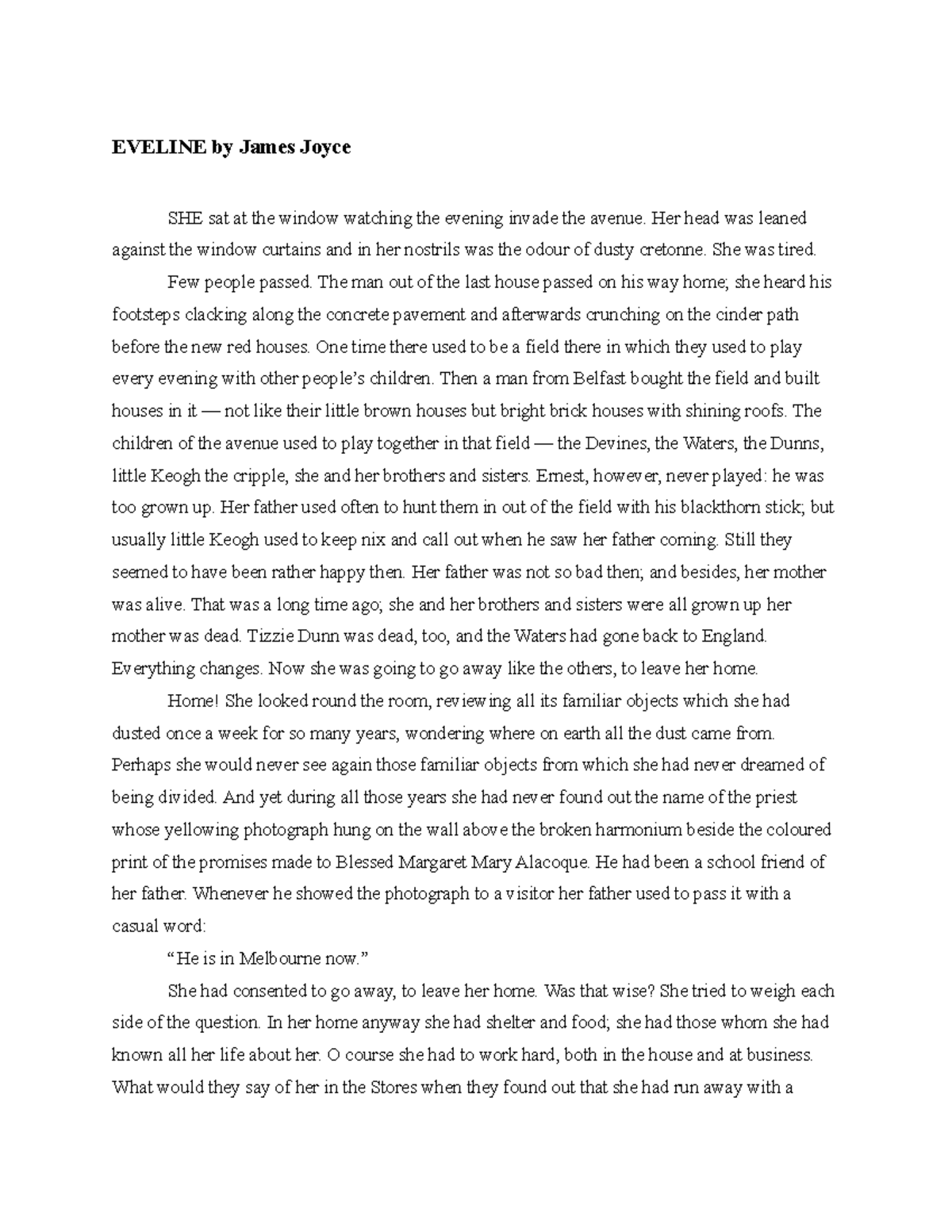 Eveline by James Joyce - Professor Reliey, readings - EVELINE by James ...