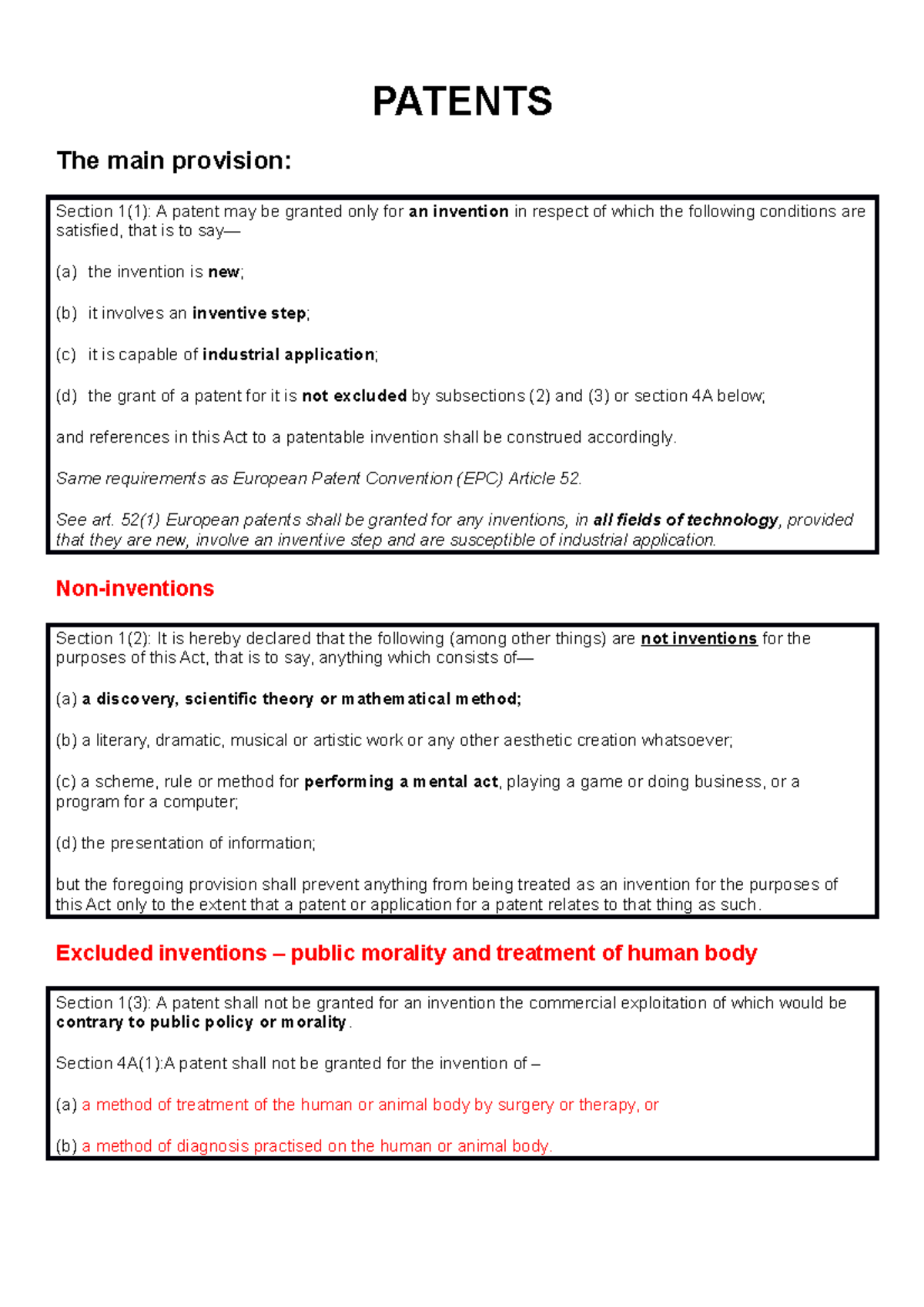 Patents Notes - textbook based - PATENTS The main provision: Section 1 ...