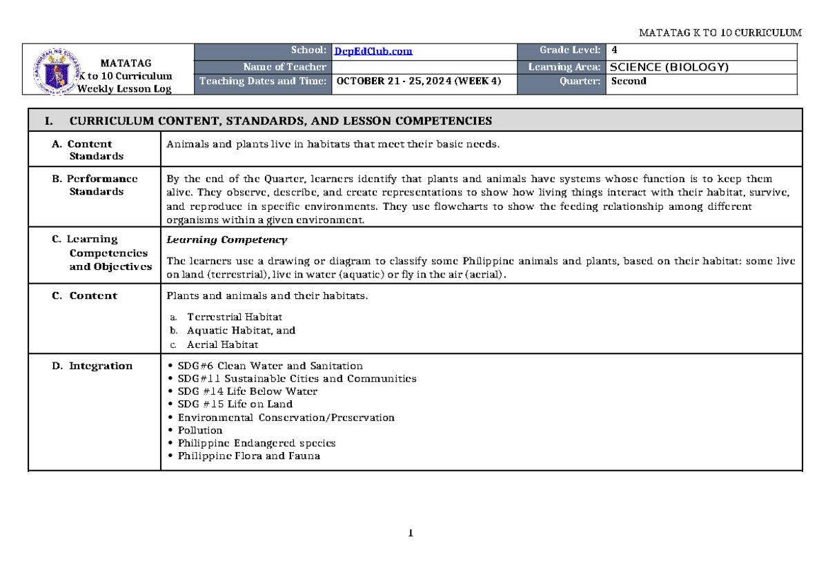 DLL Science 4 Q2 W4 - NONE - MATATAG K to 10 Curriculum Weekly Lesson ...