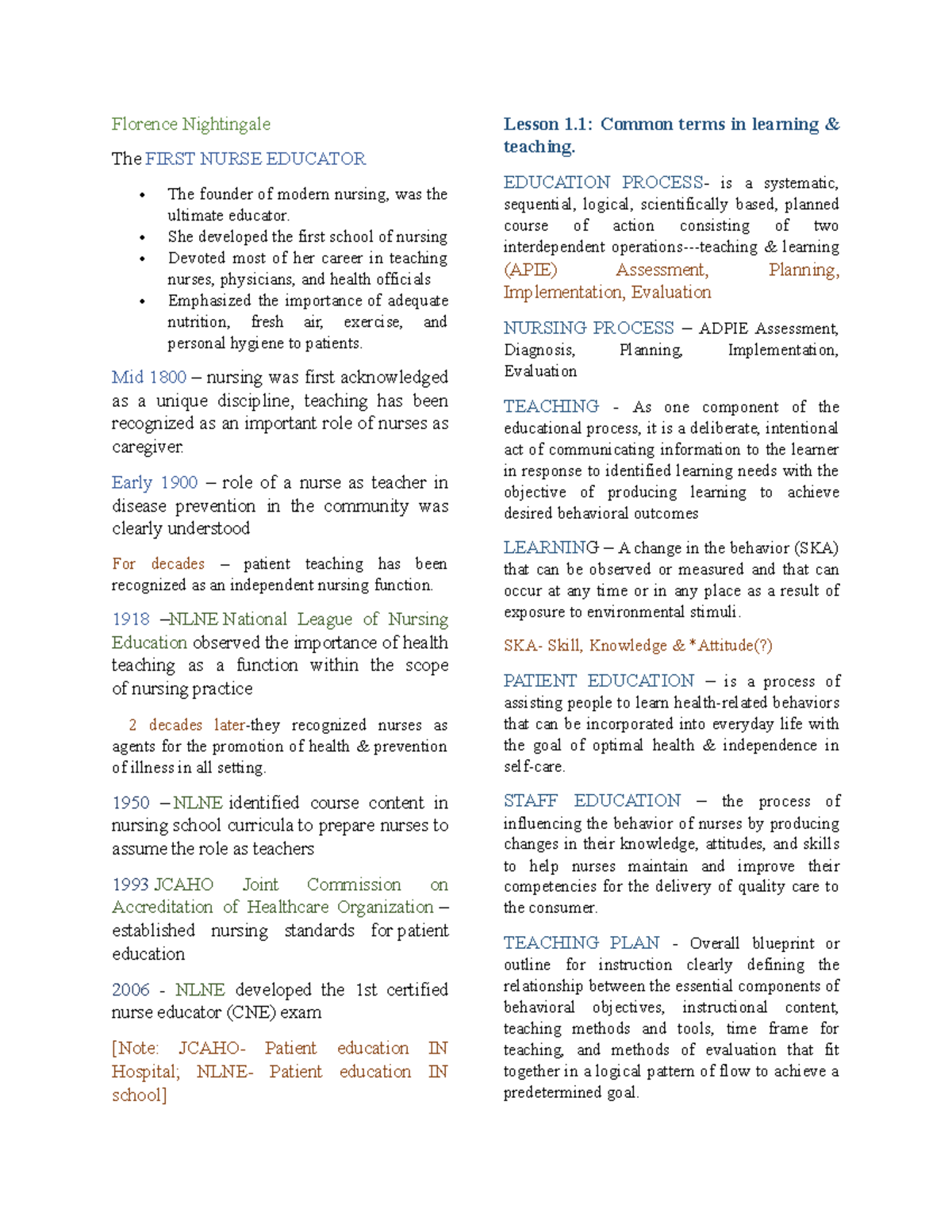 HE-midterms - transes for health education - Florence Nightingale The ...