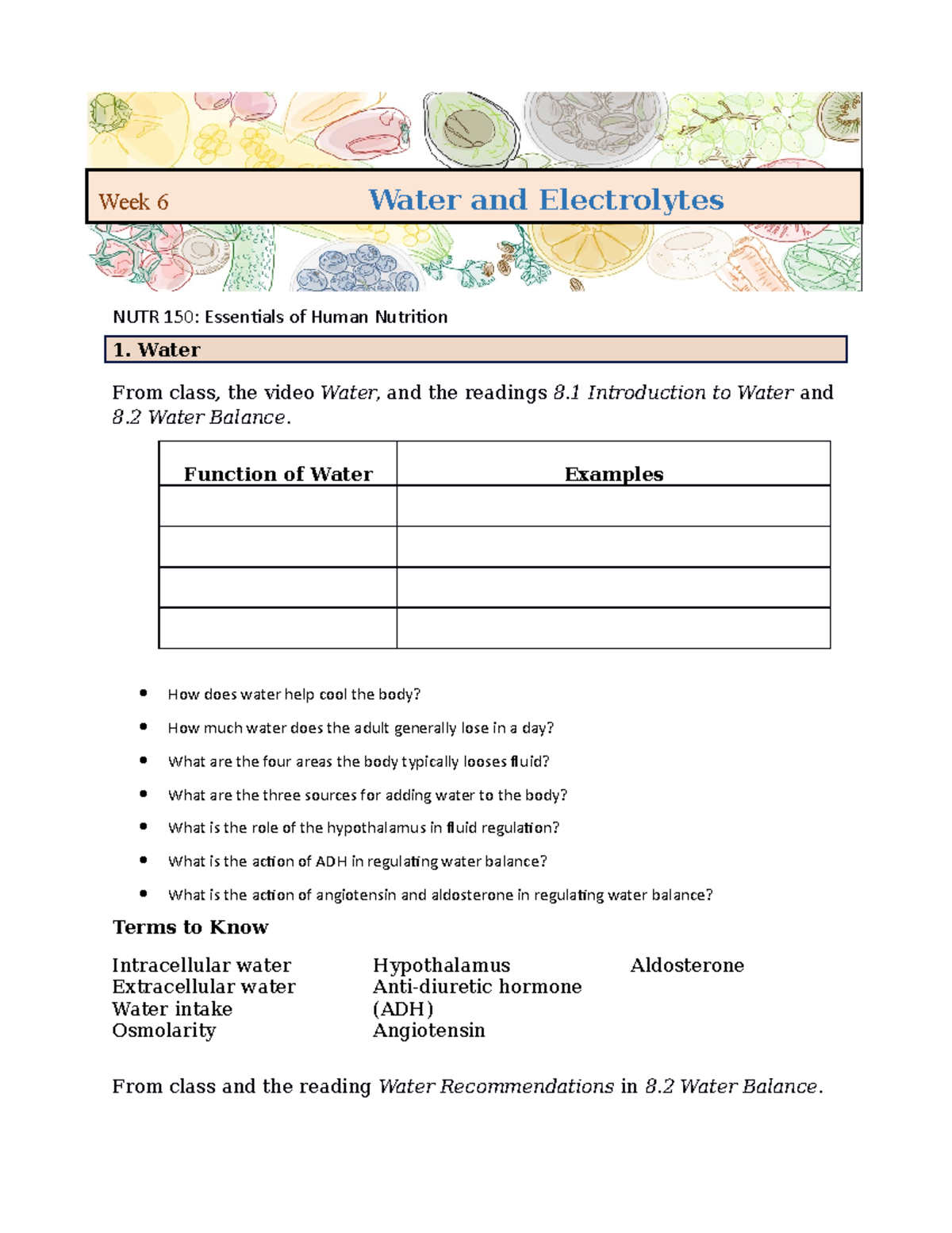 Week06 Study Guide W23 - NUTR 150: Essentials of Human Nutrition Water ...