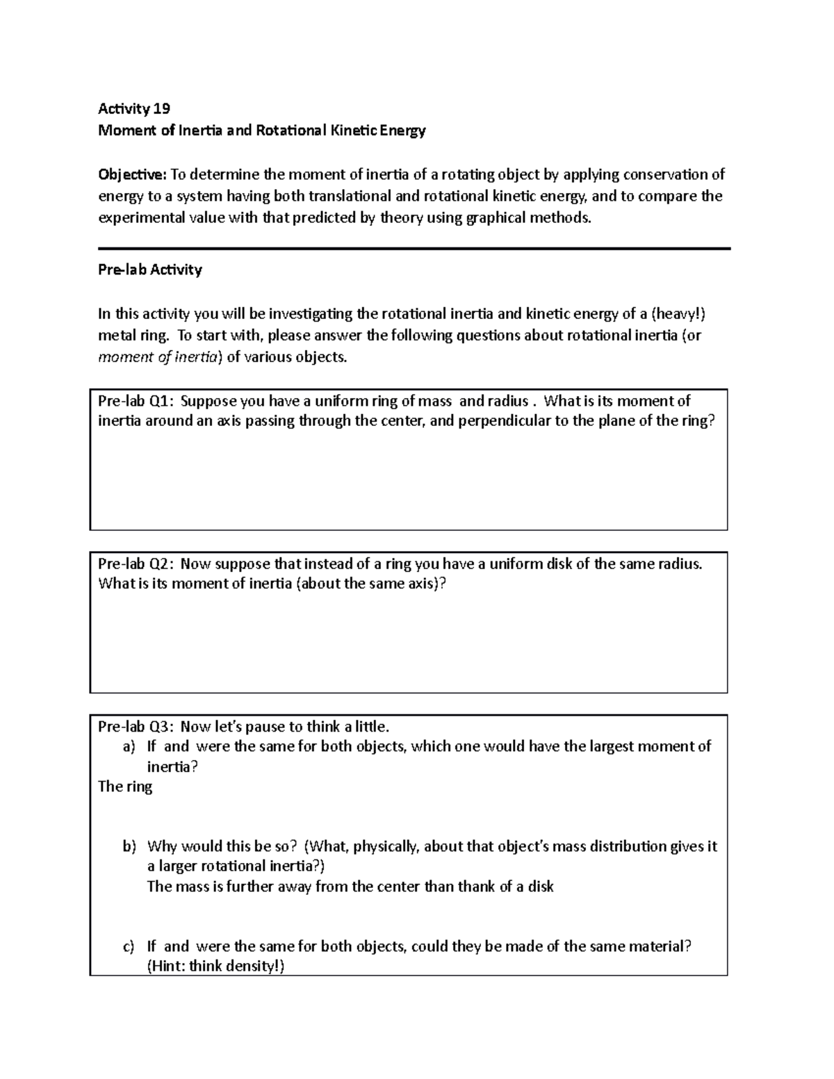 Lab 19 - H I - Activity 19 Moment of Inertia and Rotational Kinetic ...