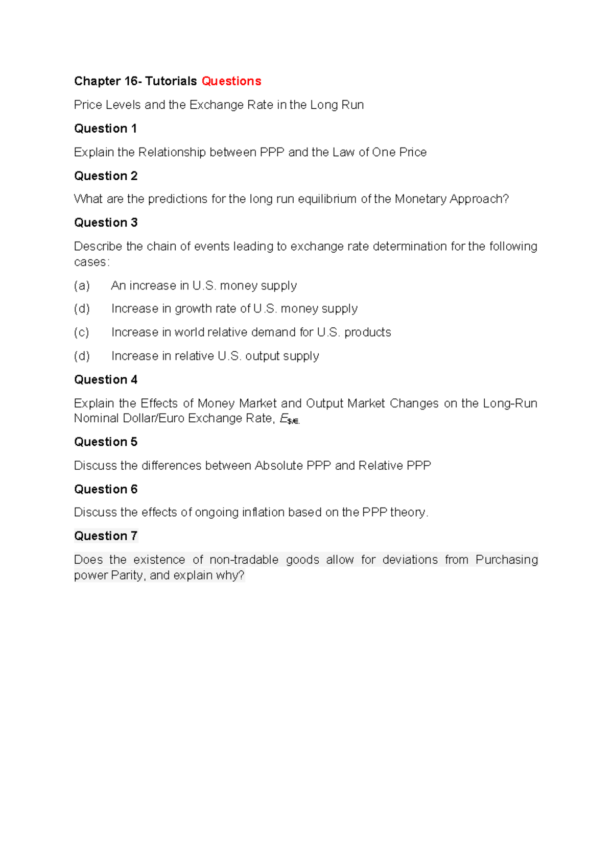 Chapter 16 Tutorial questions - Chapter 16- Tutorials Questions Price Levels and the Exchange ...