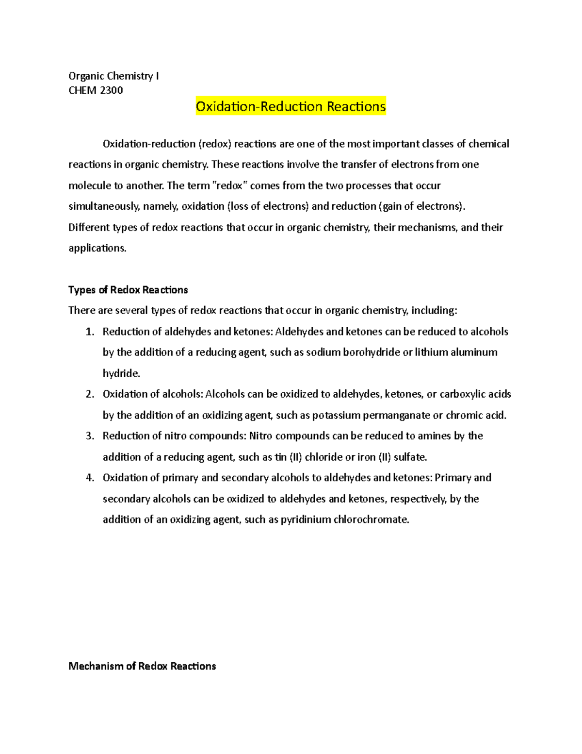 Organic Chemistry Oxidation-Reduction Reactions - Organic Chemistry I CHEM 2300 Oxidation ...