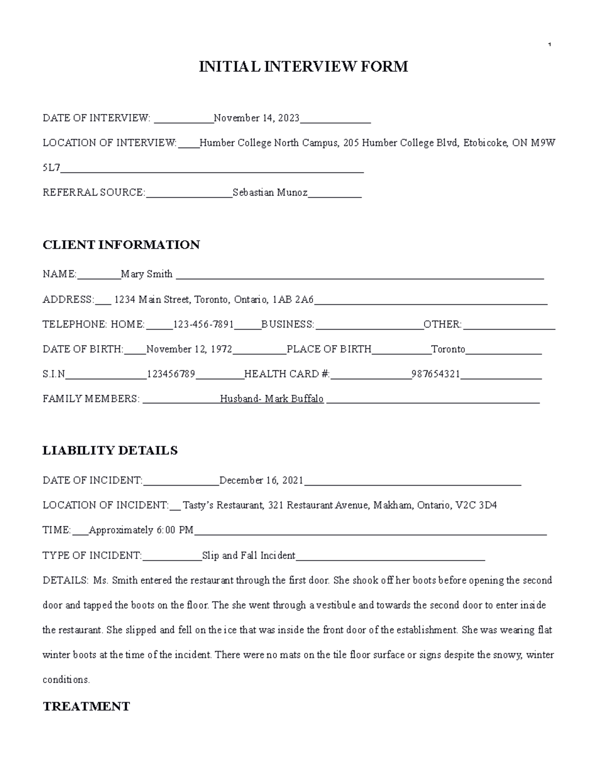 Initial Interview FORM - INITIAL INTERVIEW FORM DATE OF INTERVIEW: November 14, 2023__ LOCATION ...