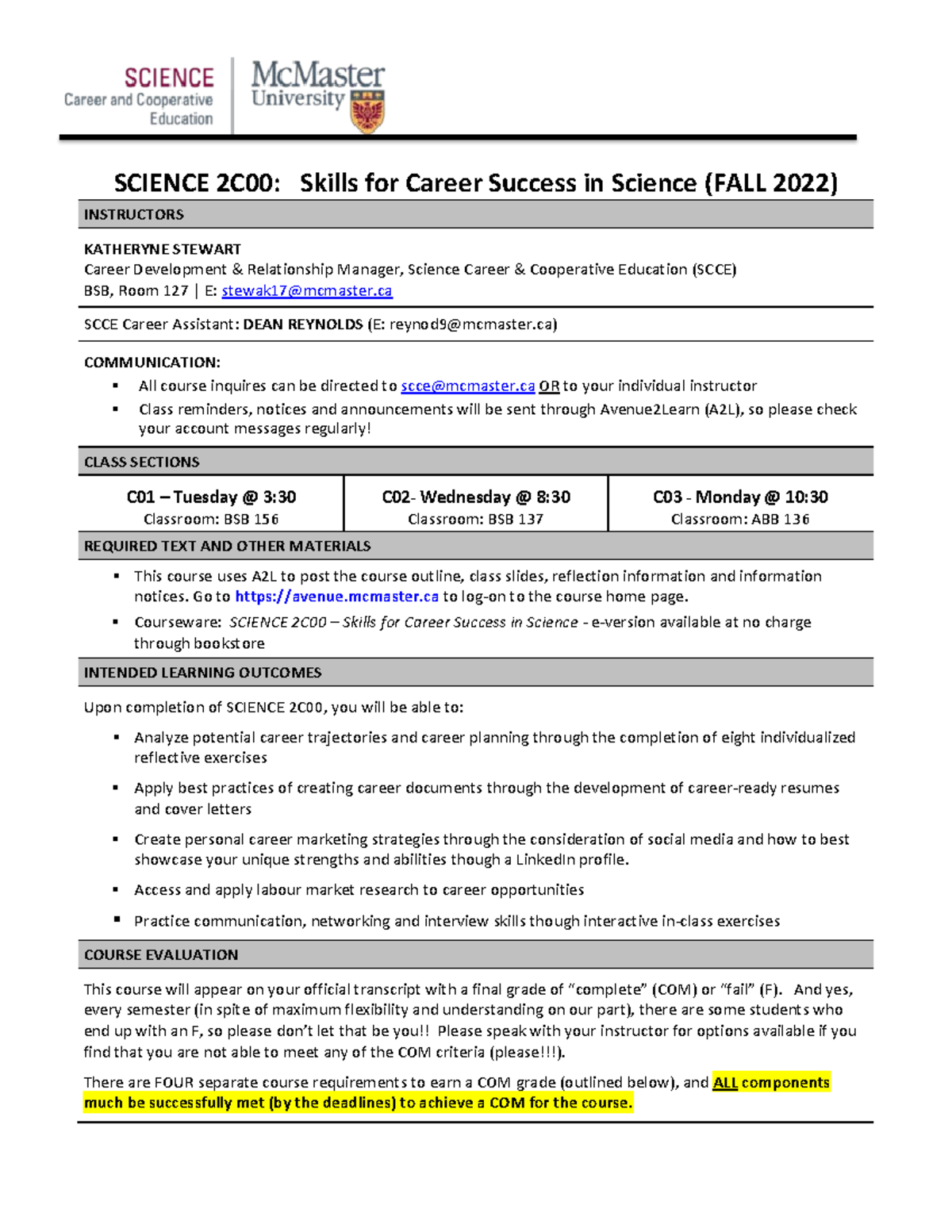1 - Science 2C00 Syllabus - SCIENCE 2C00: Skills for Career Success in ...