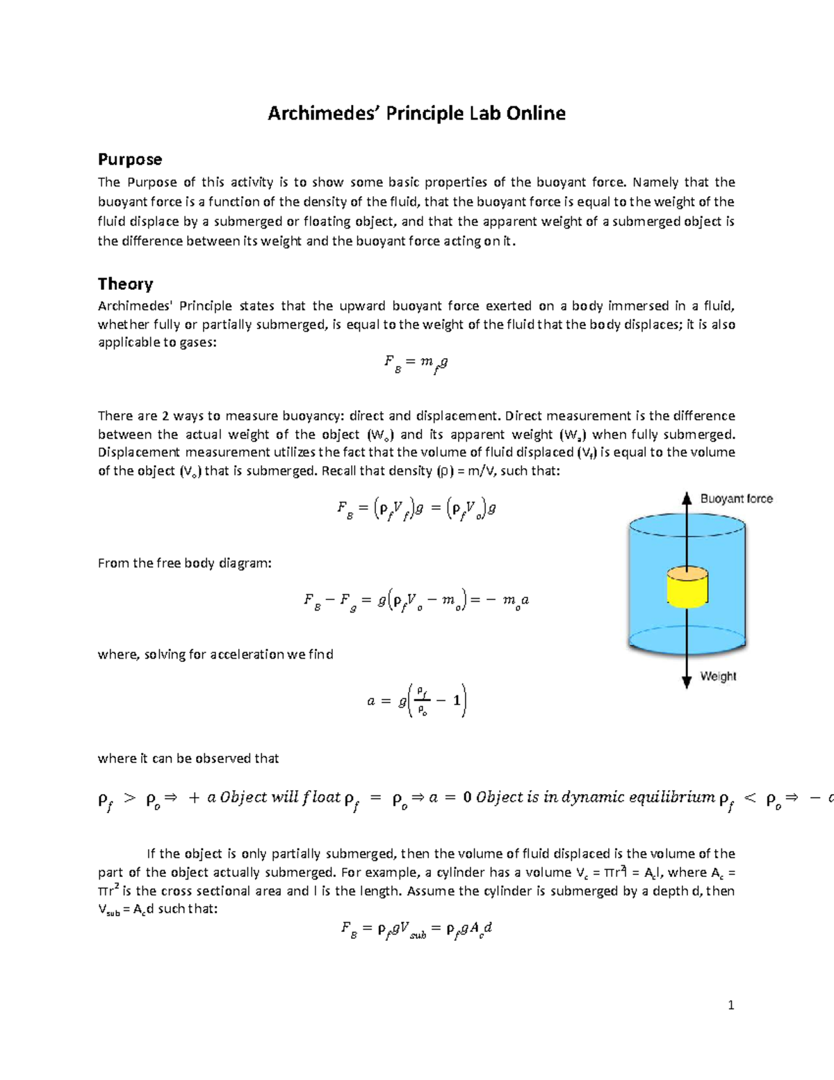 Fall2023 Archimedes' Principle Lab - Archimedes’ Principle Lab Online Purpose The Purpose of ...