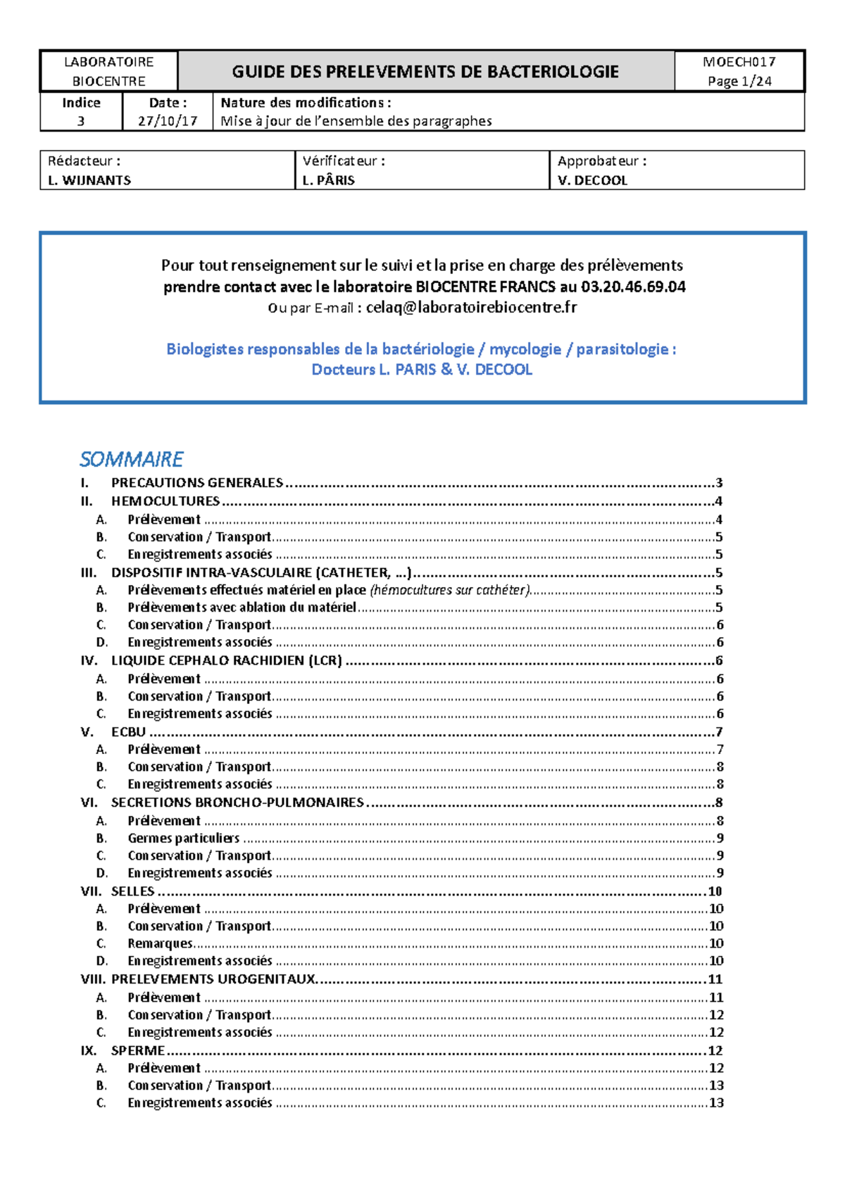 Moech 017 Guide des prelevements de bacteriologie V3 - BIOCENTRE GUIDE ...