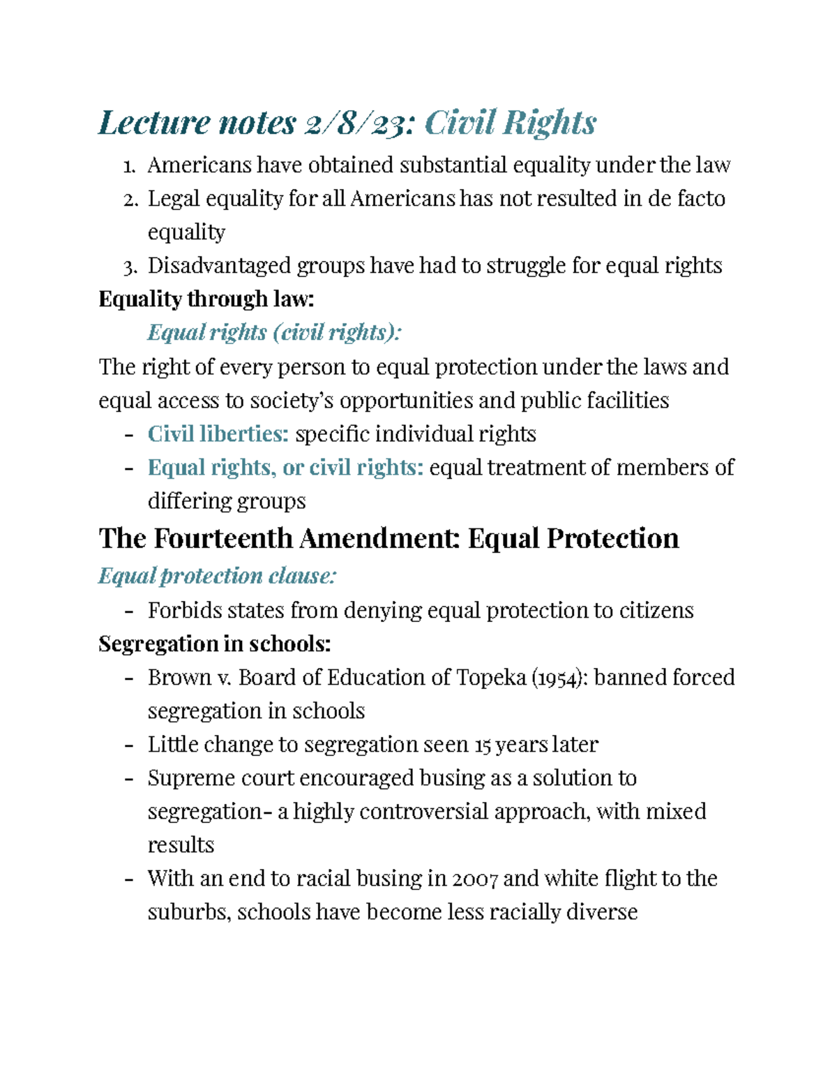 Civil Rights - Lecture notes - Lecture notes 2/8/23: Civil Rights ...