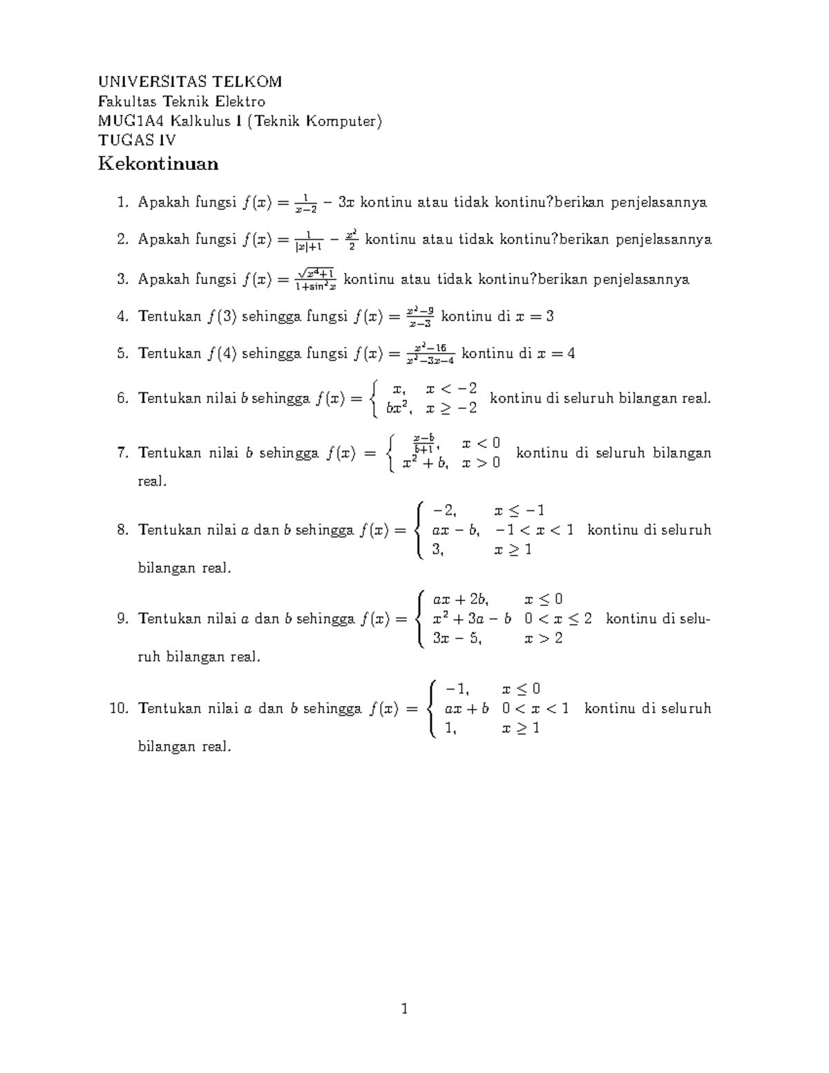 Tugas IV - quiz kekontinuan limit - UNIVERSITAS TELKOM Fakultas Teknik ...