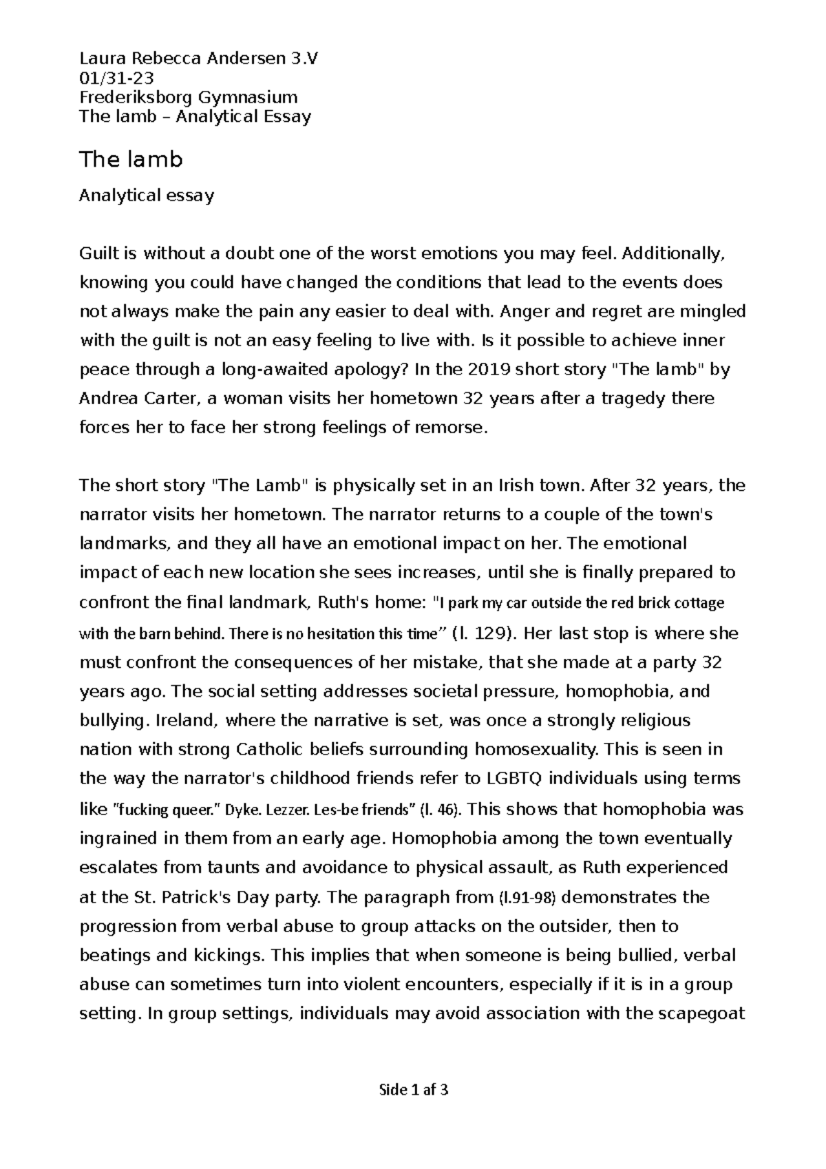 The lamb - Analyserende artikel af novellen "the lamb" i engelsk A ...