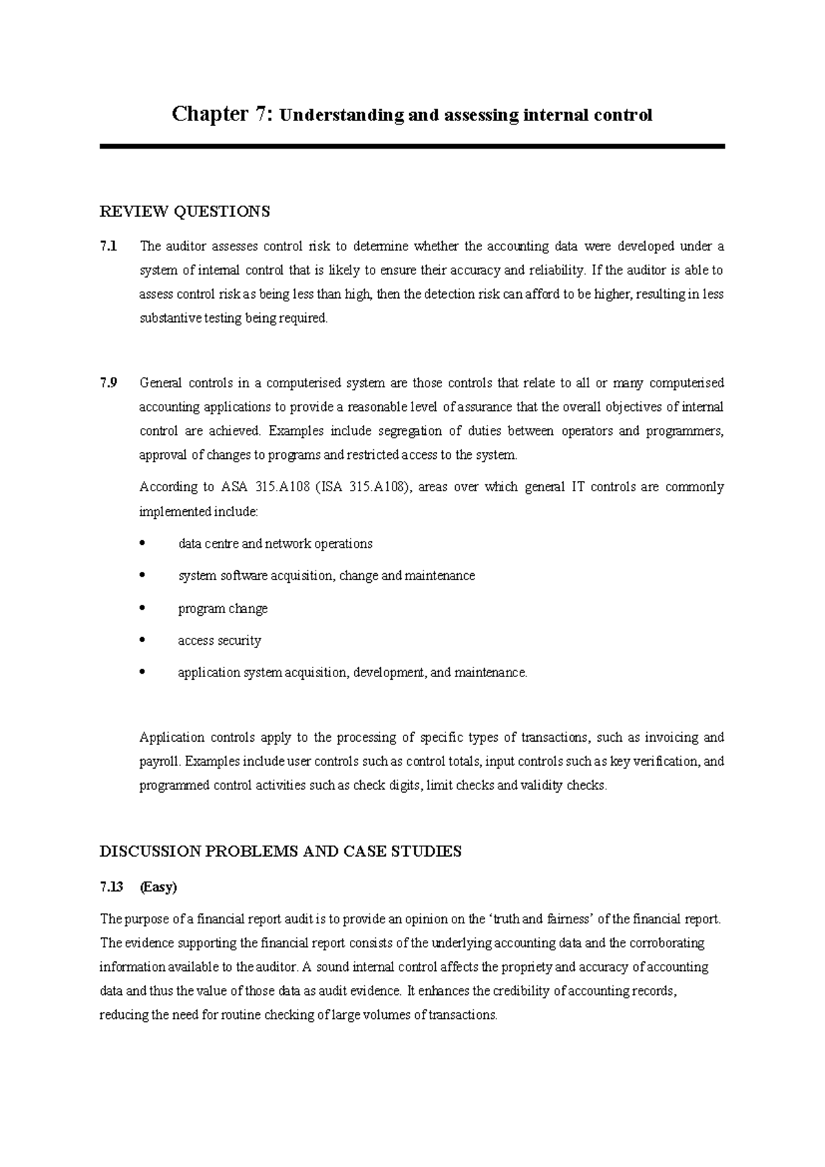 Topic 6 (ch 7 & ch 8) - Solution - Chapter 7: Understanding and assessing internal control ...