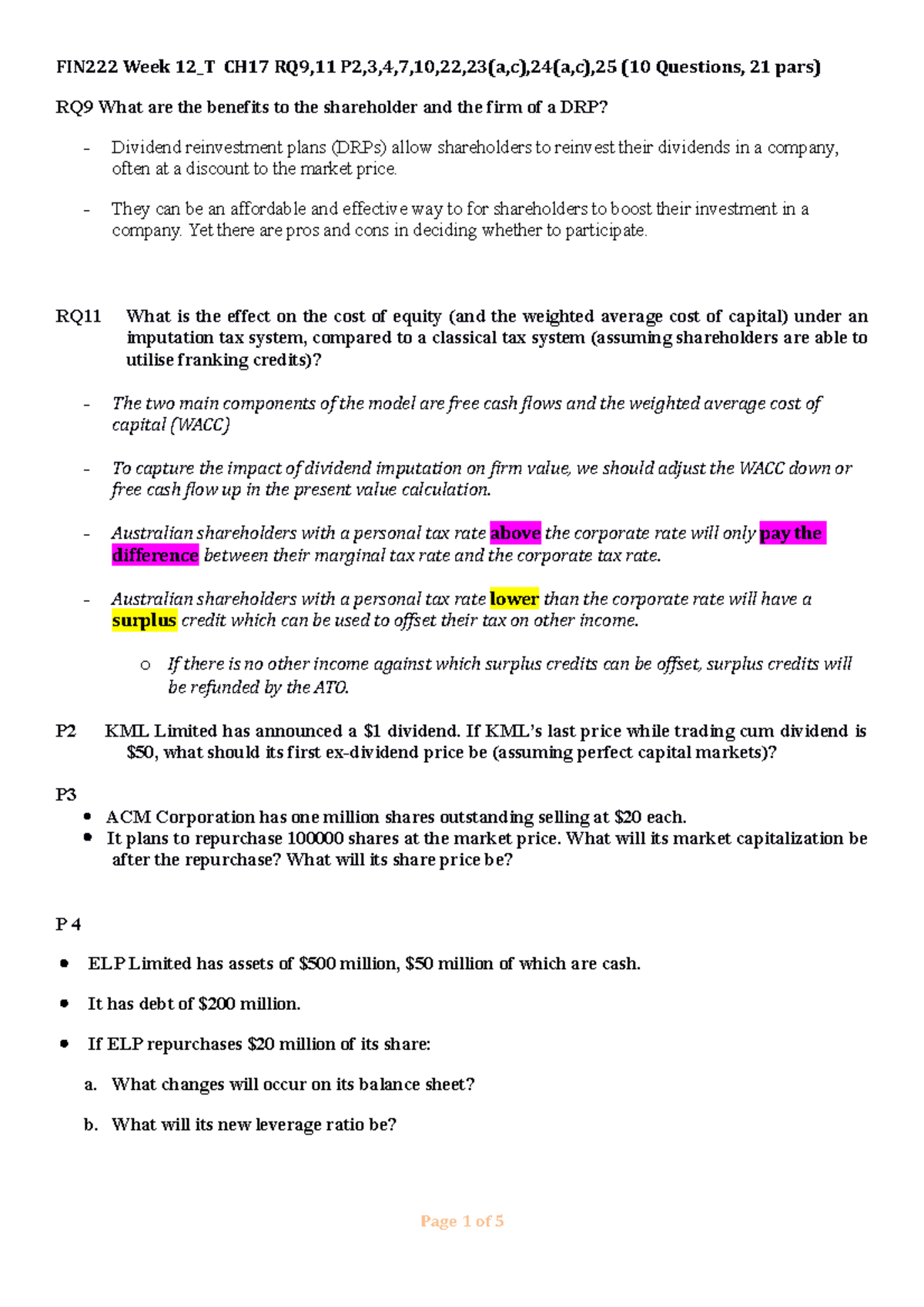 Week 12 T Q - fin222 week 12 tutorial questions to study over - FIN222 ...