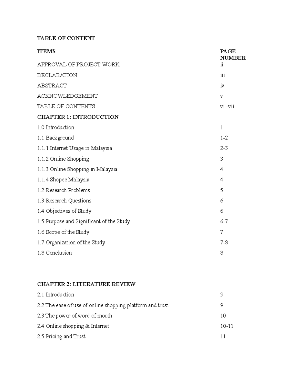 Table of content Final - /na - TABLE OF CONTENT ITEMS PAGE NUMBER ...