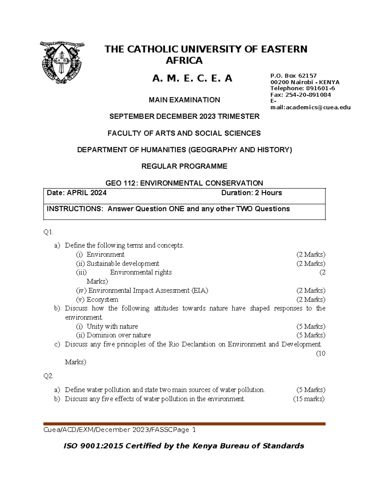GEO 112 Environmental Conservation - THE CATHOLIC UNIVERSITY OF EASTERN ...