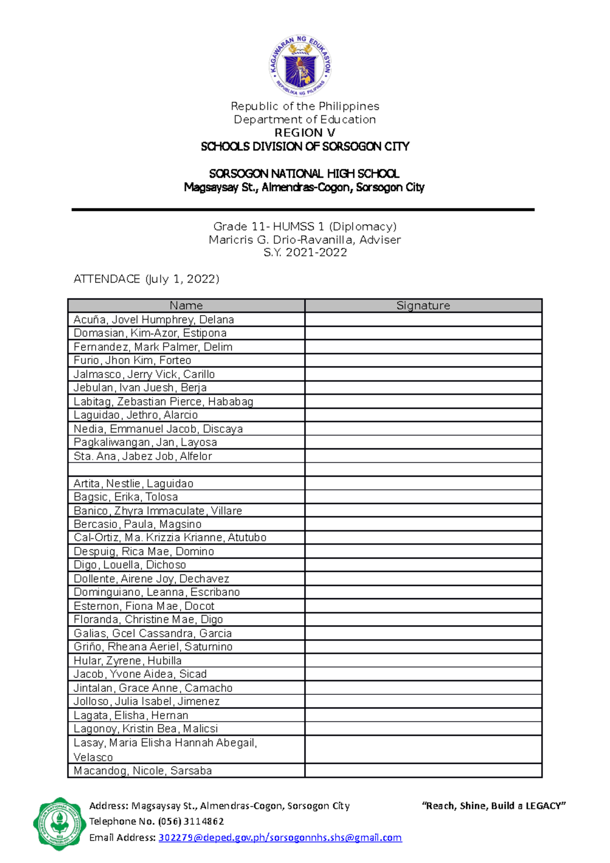 Attendance Sheet F2F - n n b bojnj - Republic of the Philippines ...