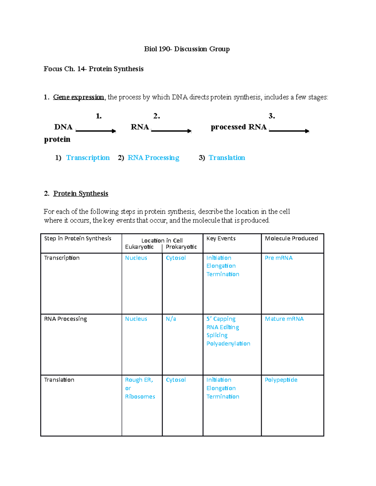 Chapter 14 Worksheet - Biol 190- Discussion Group Focus Ch. 14- Protein ...