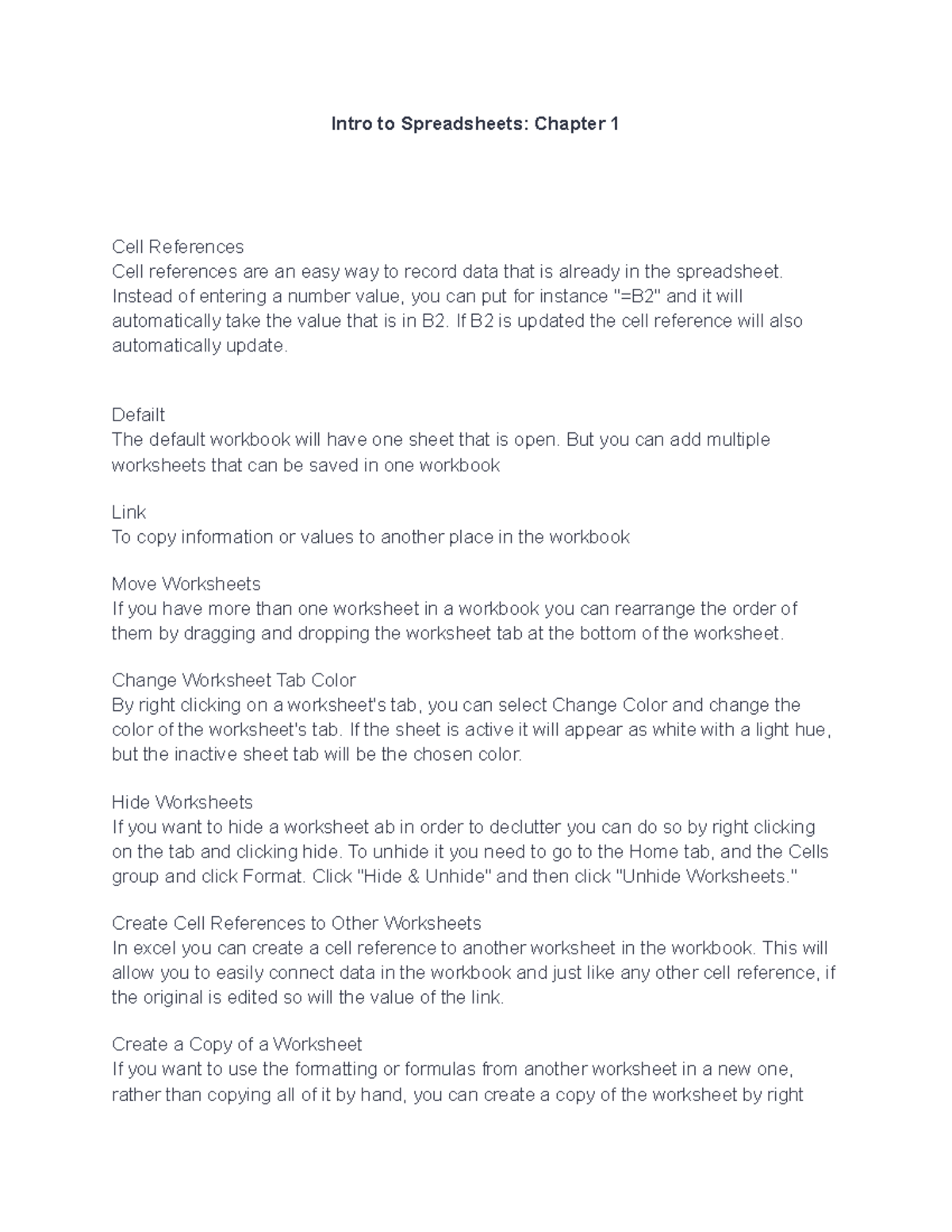 Intro to Spreadsheets Chapter 2 Definitions - Intro to Spreadsheets ...