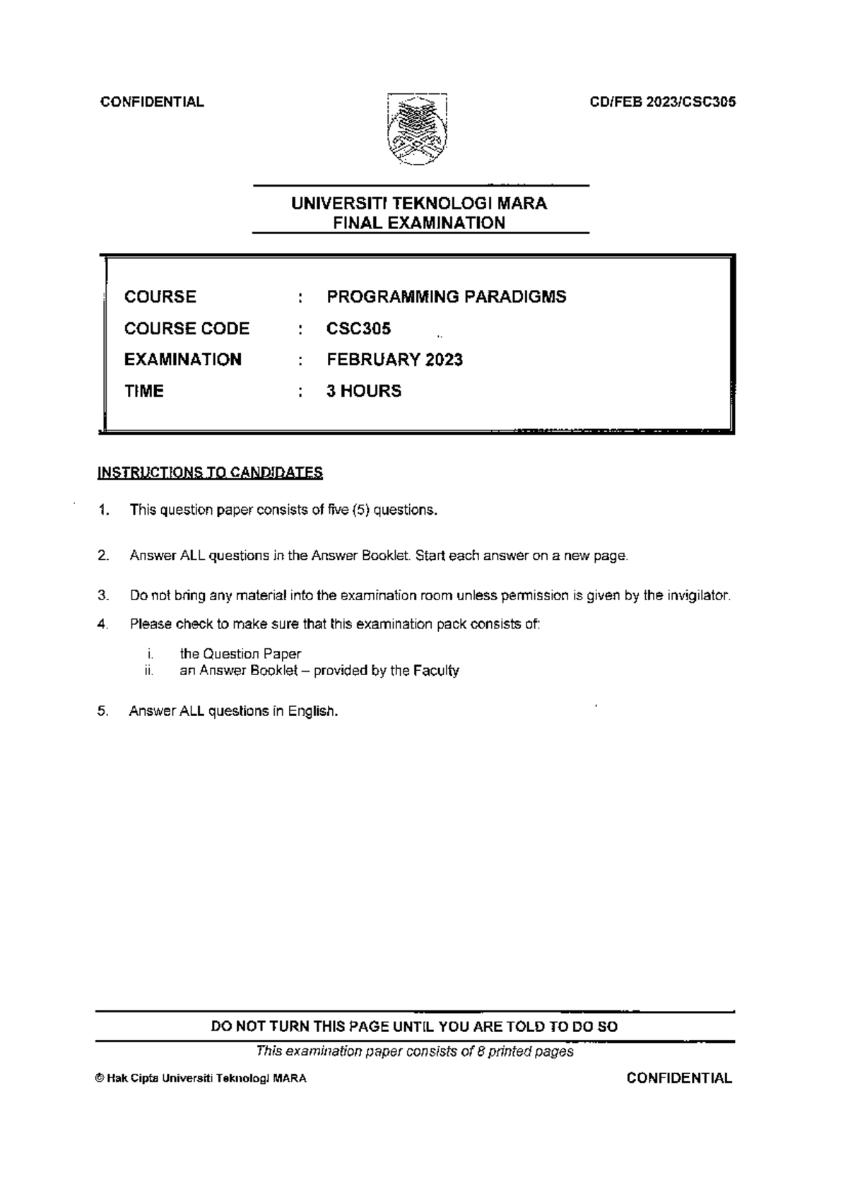 2023 - exam paper for computer paradigms - COURSE COURSE CODE ...