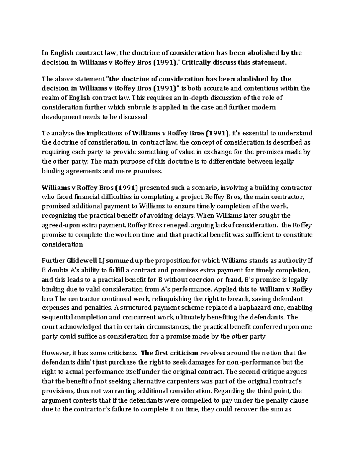 William v roffey bros questio - In English contract law, the doctrine of consideration has been ...