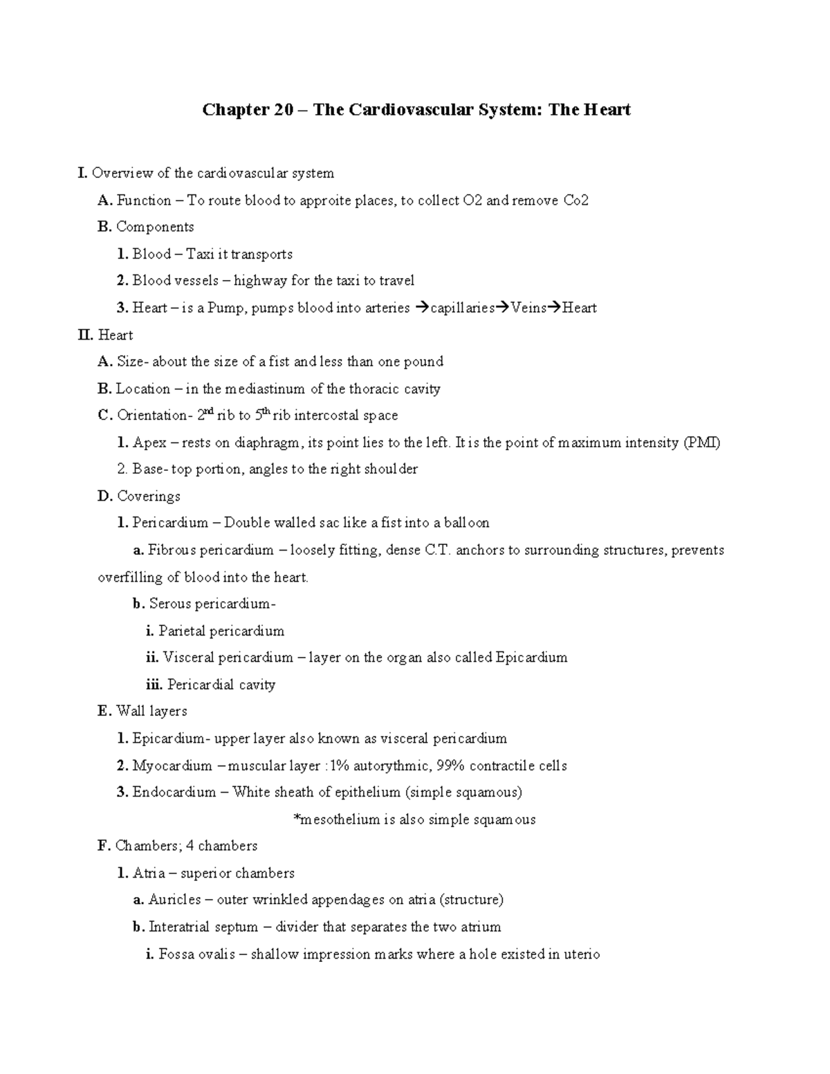 Chapter 20 - class notes- the cardiovascilar system: the heart ...