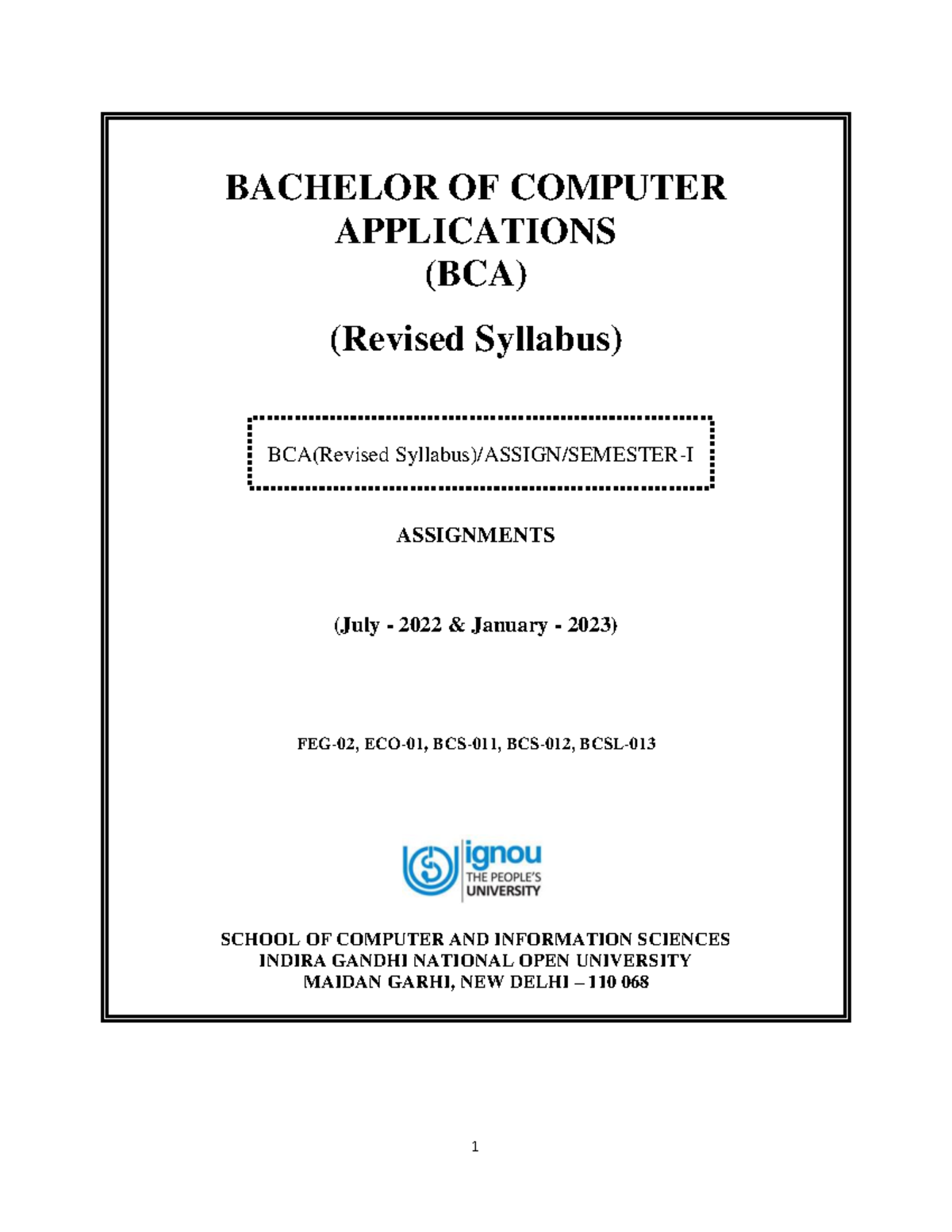 Final BCA Semester-I 2022-23 - BACHELOR OF COMPUTER APPLICATIONS (BCA) (Revised Syllabus) - Studocu