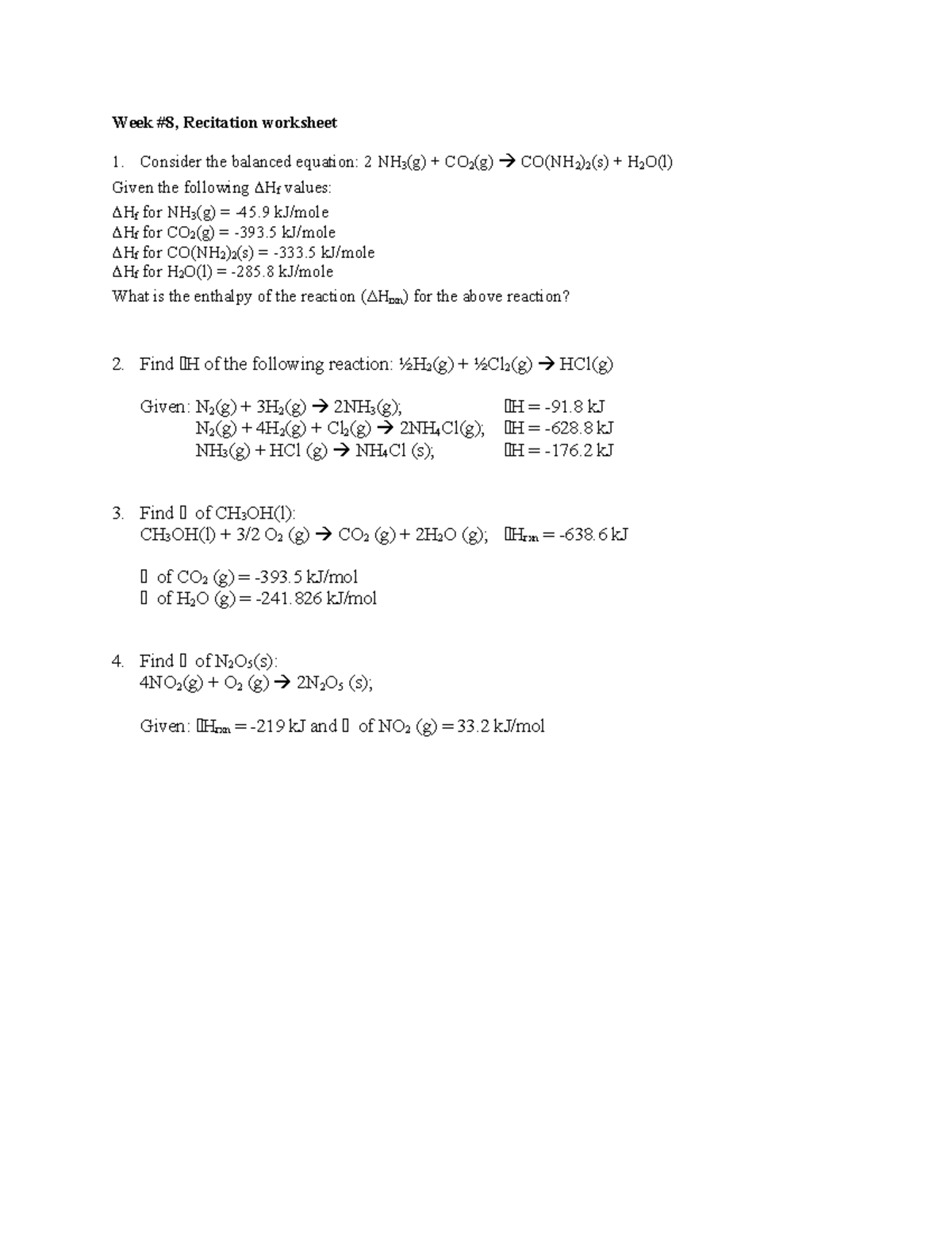 Week 8 Recitation Problems - Week #8, Recitation worksheet Consider the balanced equation: 2 NH ...