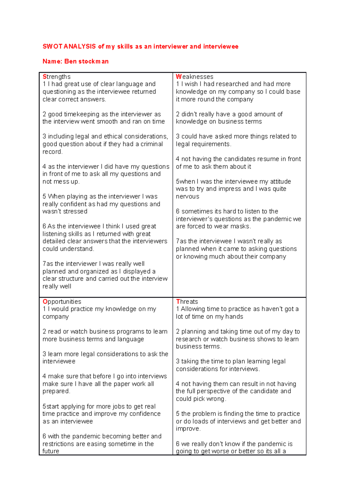 17 SWOT Analysis of my skills as an interviewer and interviewee ...