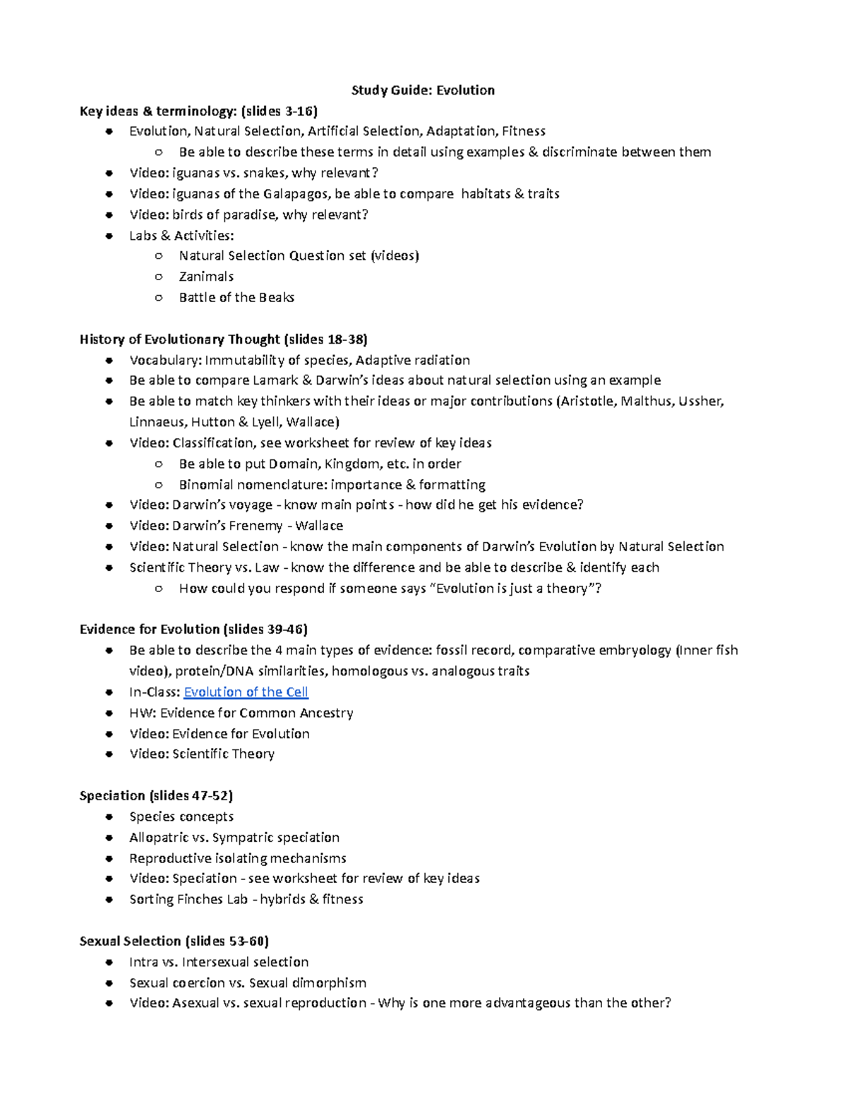 Study Guide Bio Test 3 - notes - Study Guide: Evolution Key ideas ...