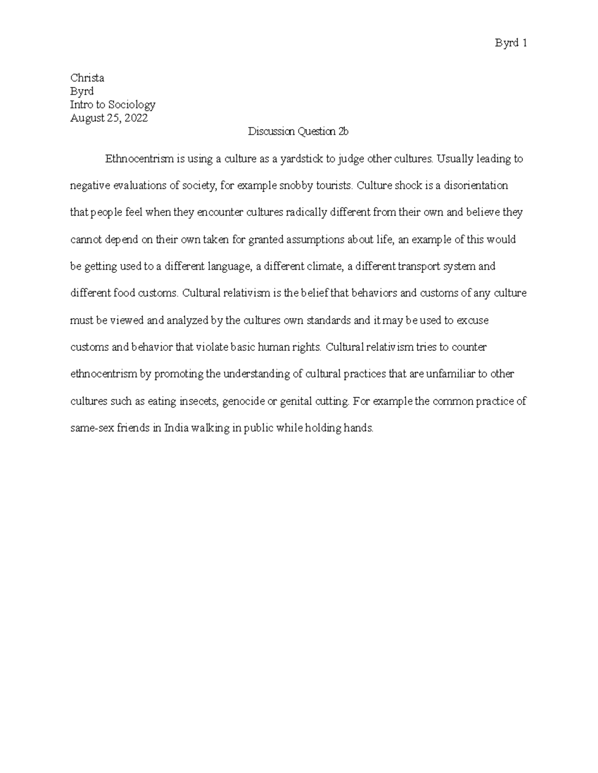 DQ 2B CB copy - 2 pages - Byrd 1 Christa Byrd Intro to Sociology August ...