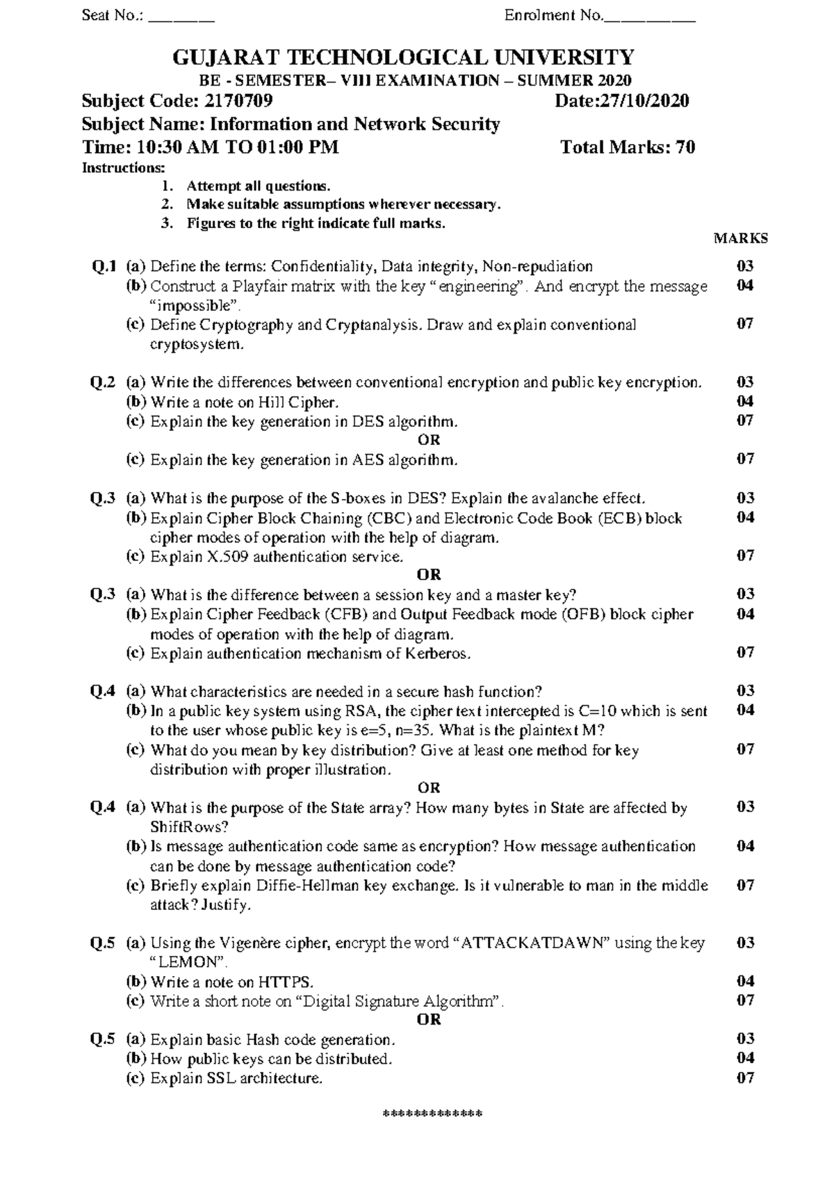 2170709 BE Summer 2020 - GTU PAPER OF PREVIOUS YEAR FOR PREPARATION OF ...