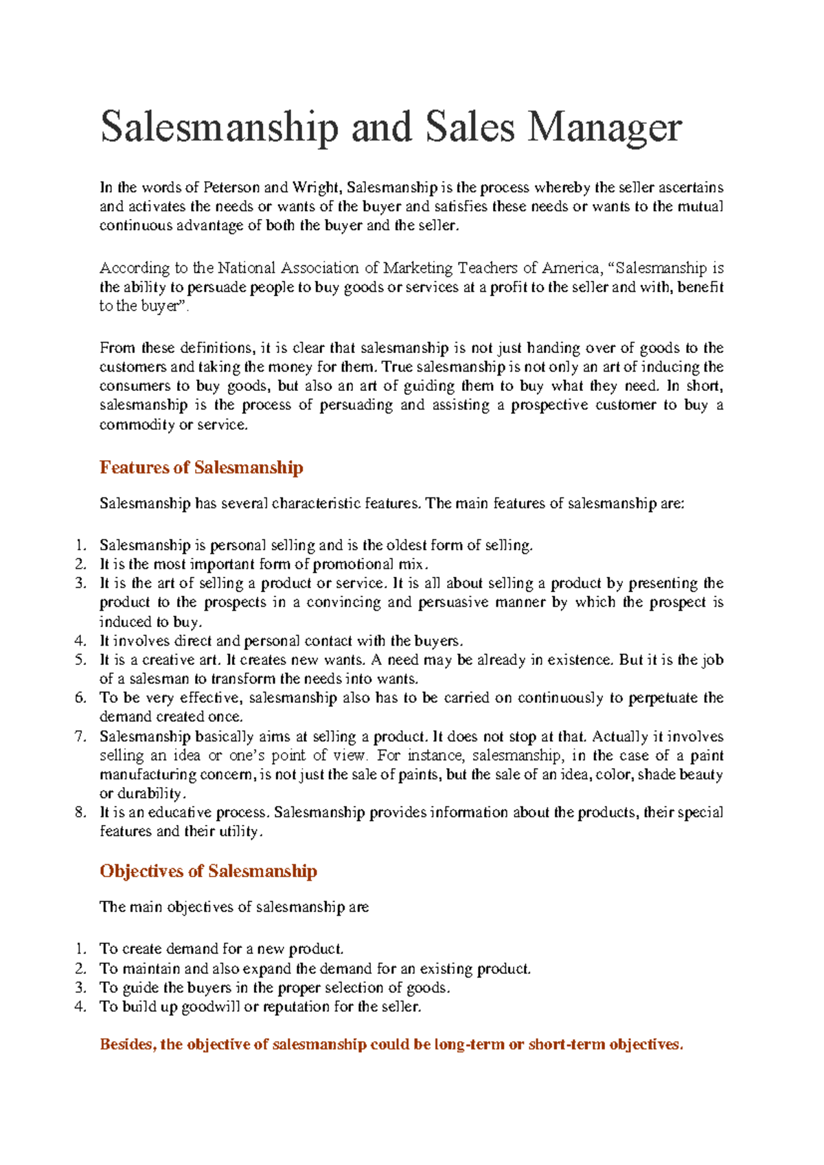 Salesmanship and Sales Manager - According to the National Association ...