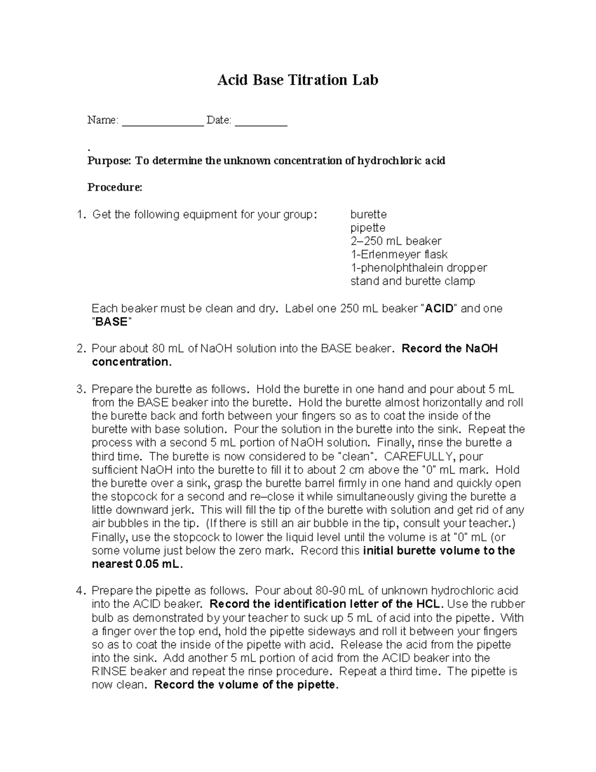 Titration Lab - Acid Base Titration Lab Name: ______________ Date ...