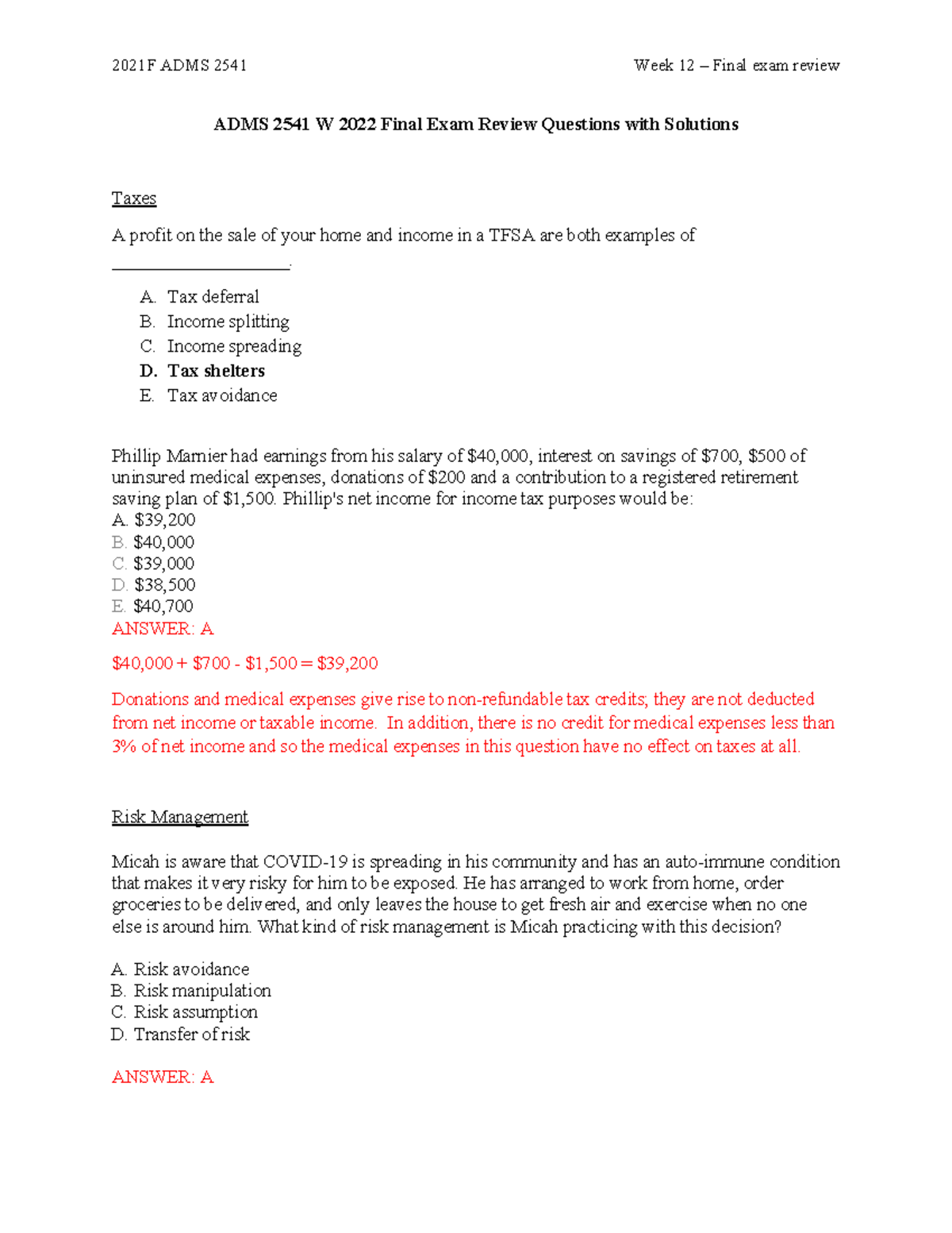 ADMS 2541 Fall 2022 Final Exam Review Questions solutions - ADMS 2541 W ...