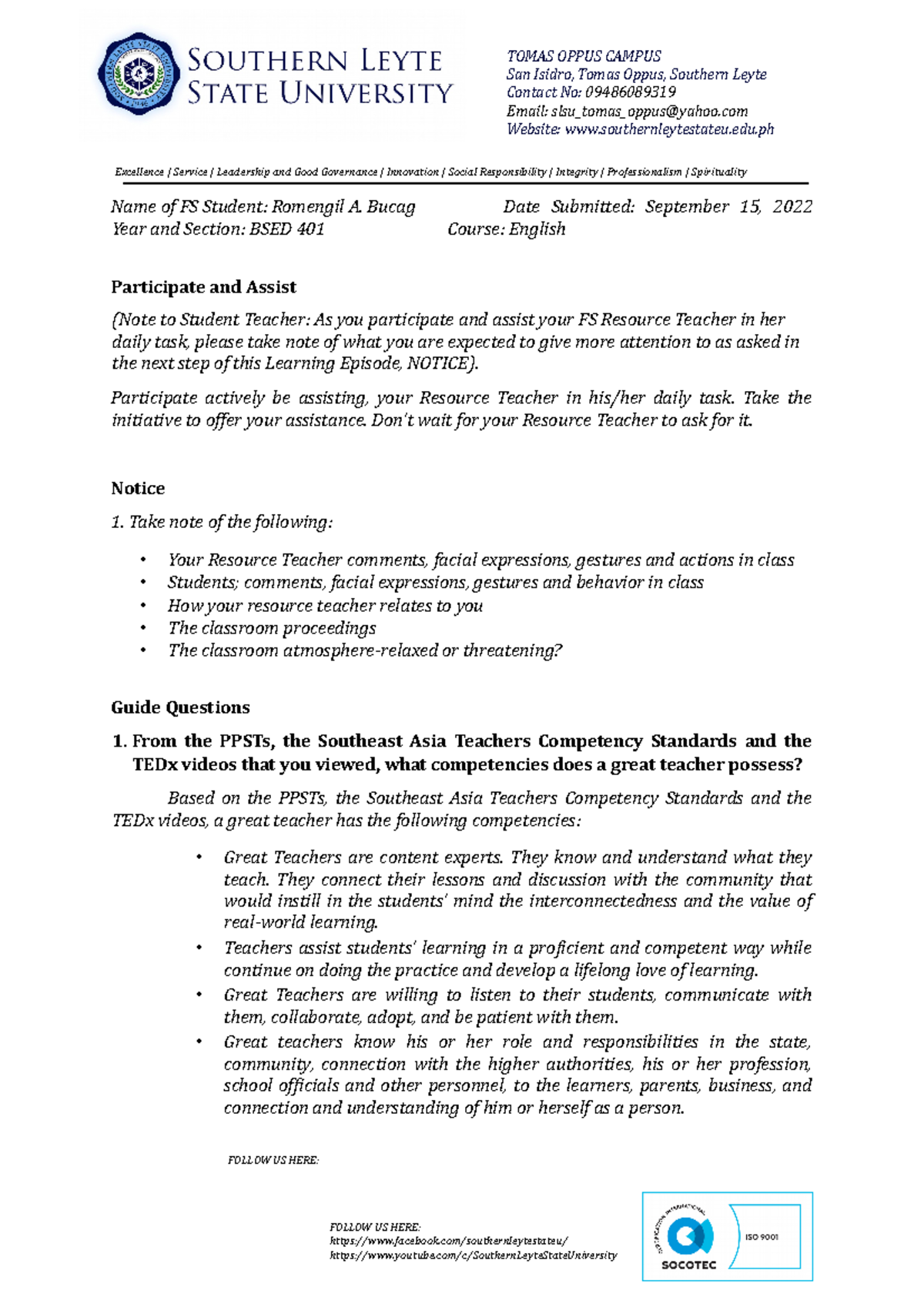 FS2 - L.E. 1 to submit - This will guide each fs students to determine ...